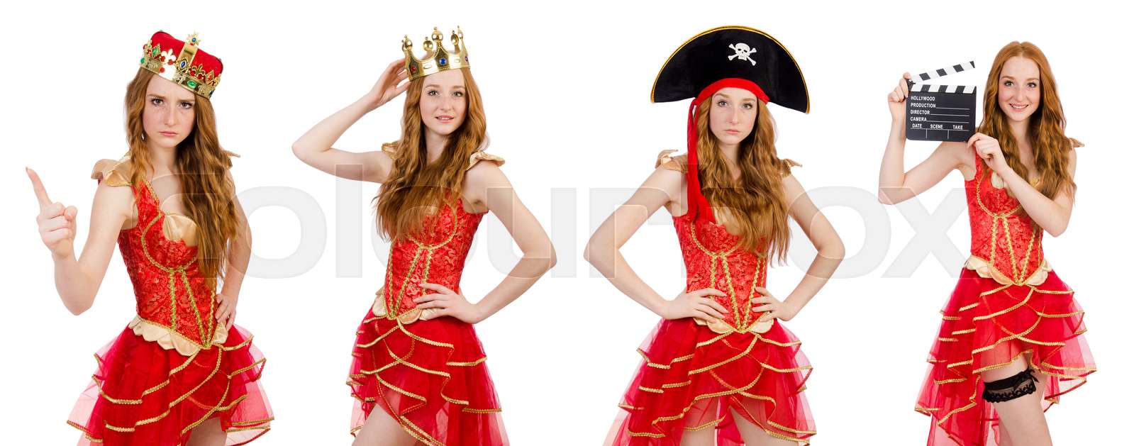 Princess wearing crown and red dress isolated on white | Stock image ...