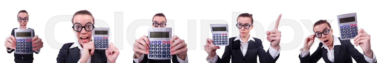Nerd female accountant with calculator | Stock image | Colourbox