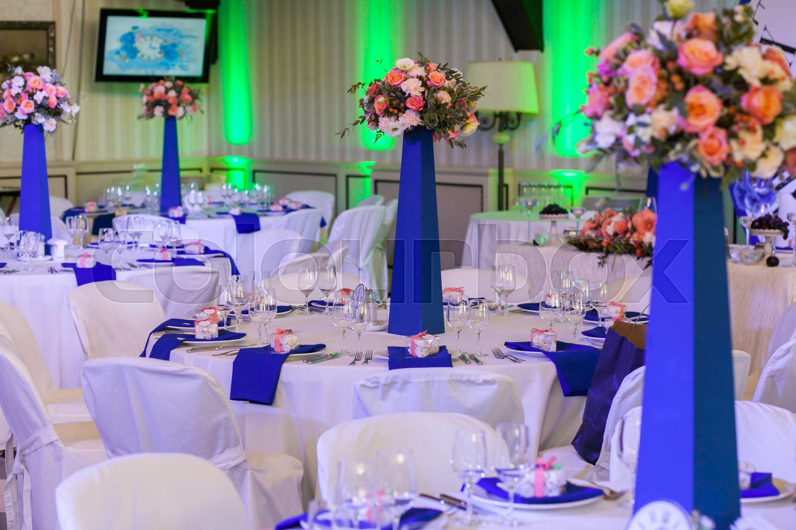 Beautifully decorated in blue and white colours wedding hall | Stock ...