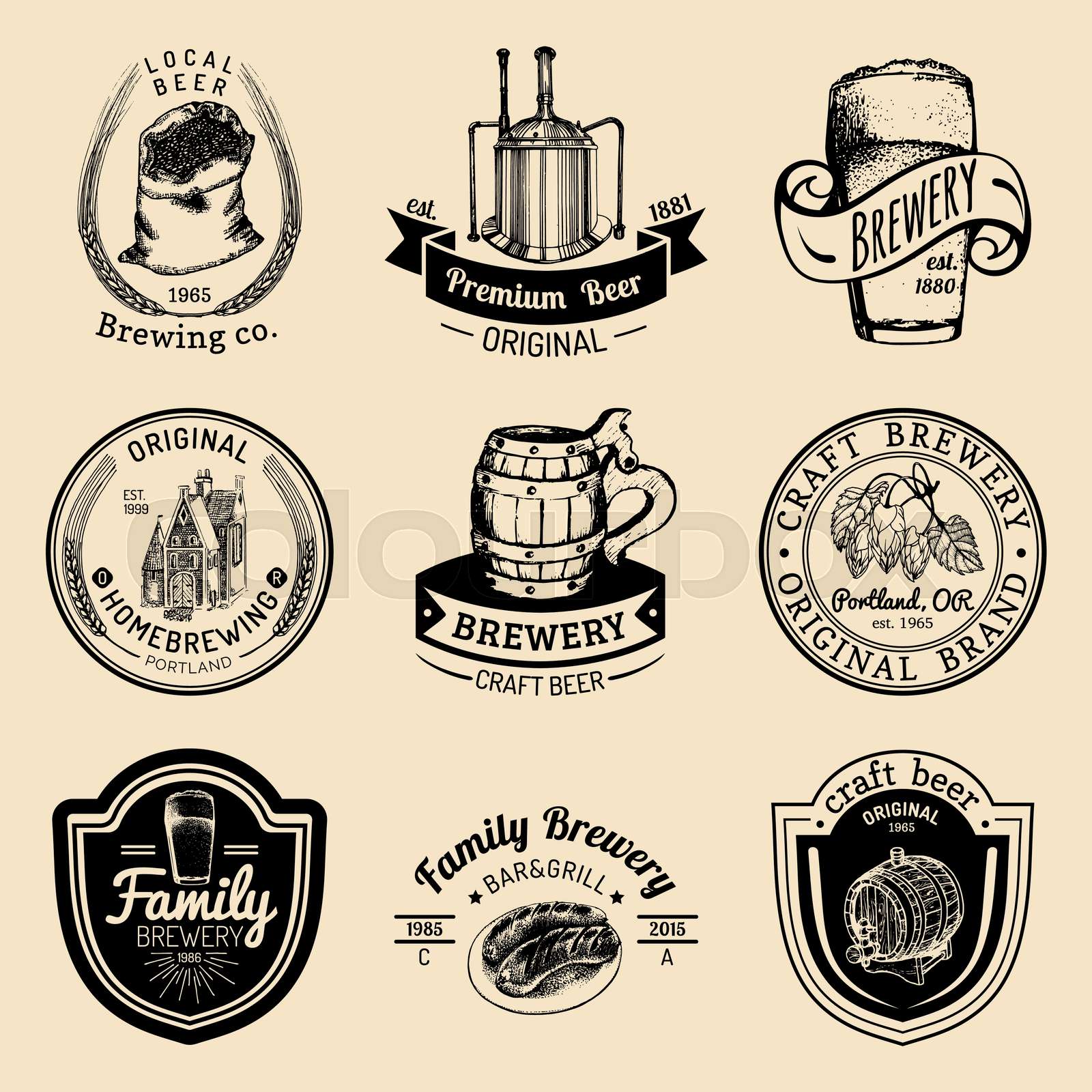 Old brewery logos set. Kraft beer retro signs with hand sketched glass ...