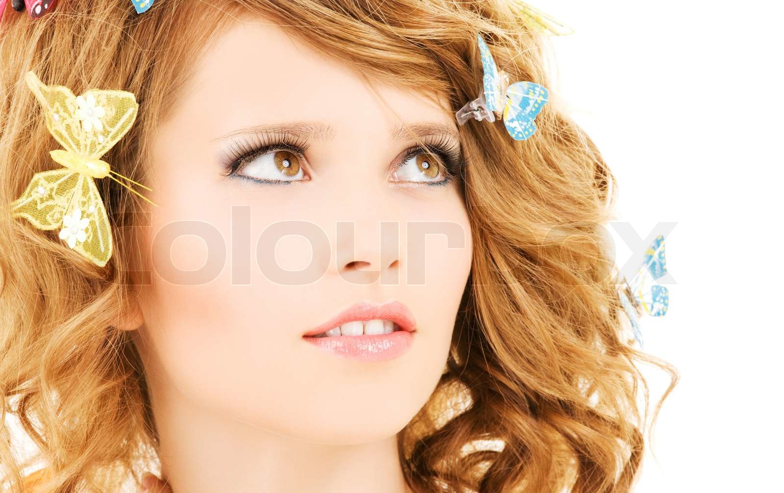 picture of teenage girl with butterflies over white | Stock image ...