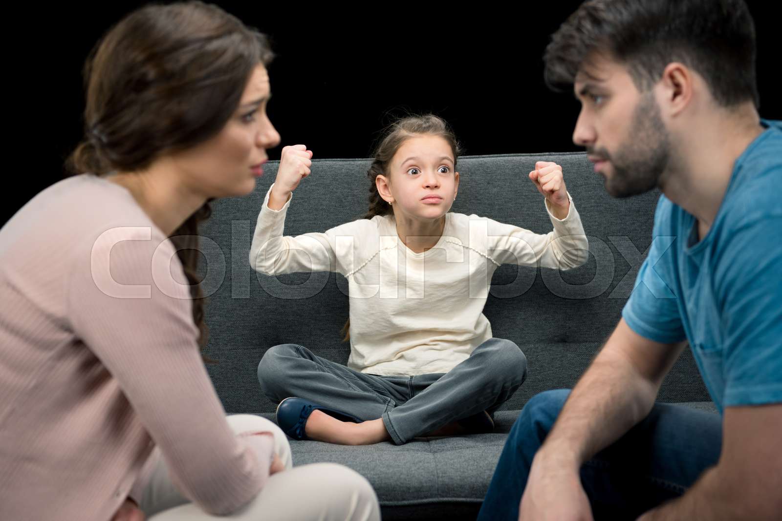 portrait of daughter and upset parents on black, family problems ...