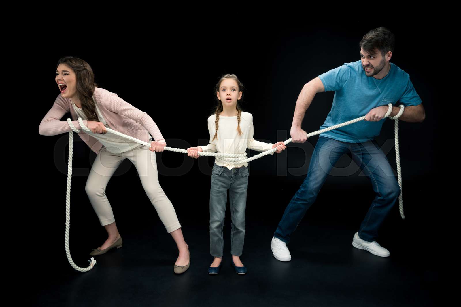 parents pulling over shocked daughter with rope, divorce and separation ...