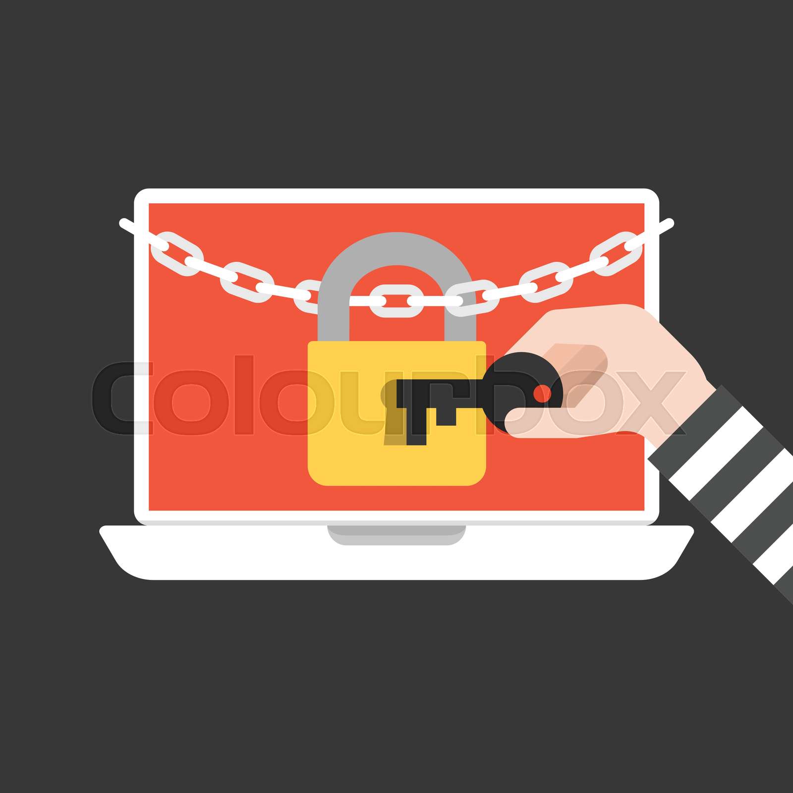 thief hand holding key to open lock and chain on laptop screen ...