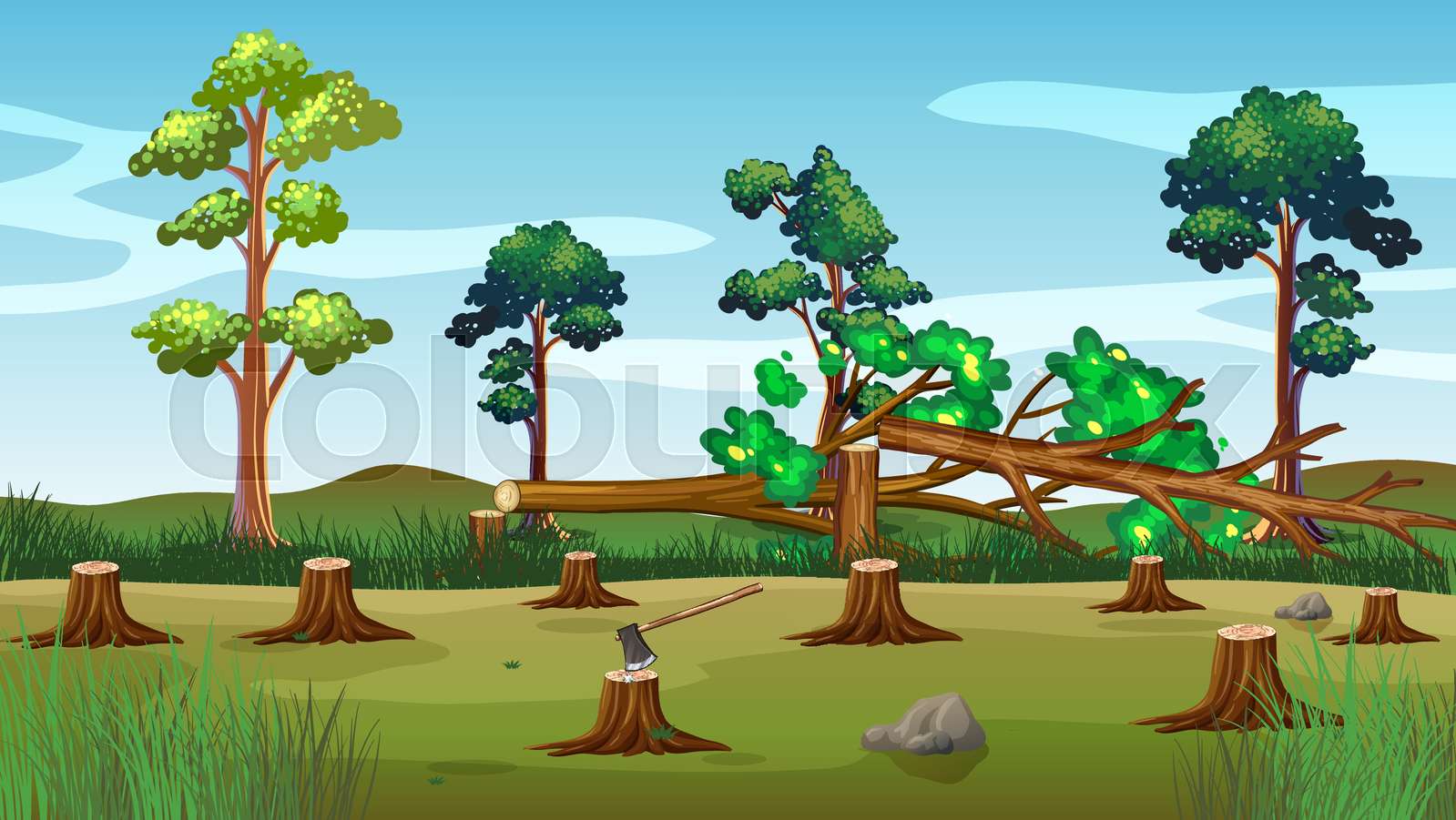 Scene with chopped trees on the ground | Stock vector | Colourbox