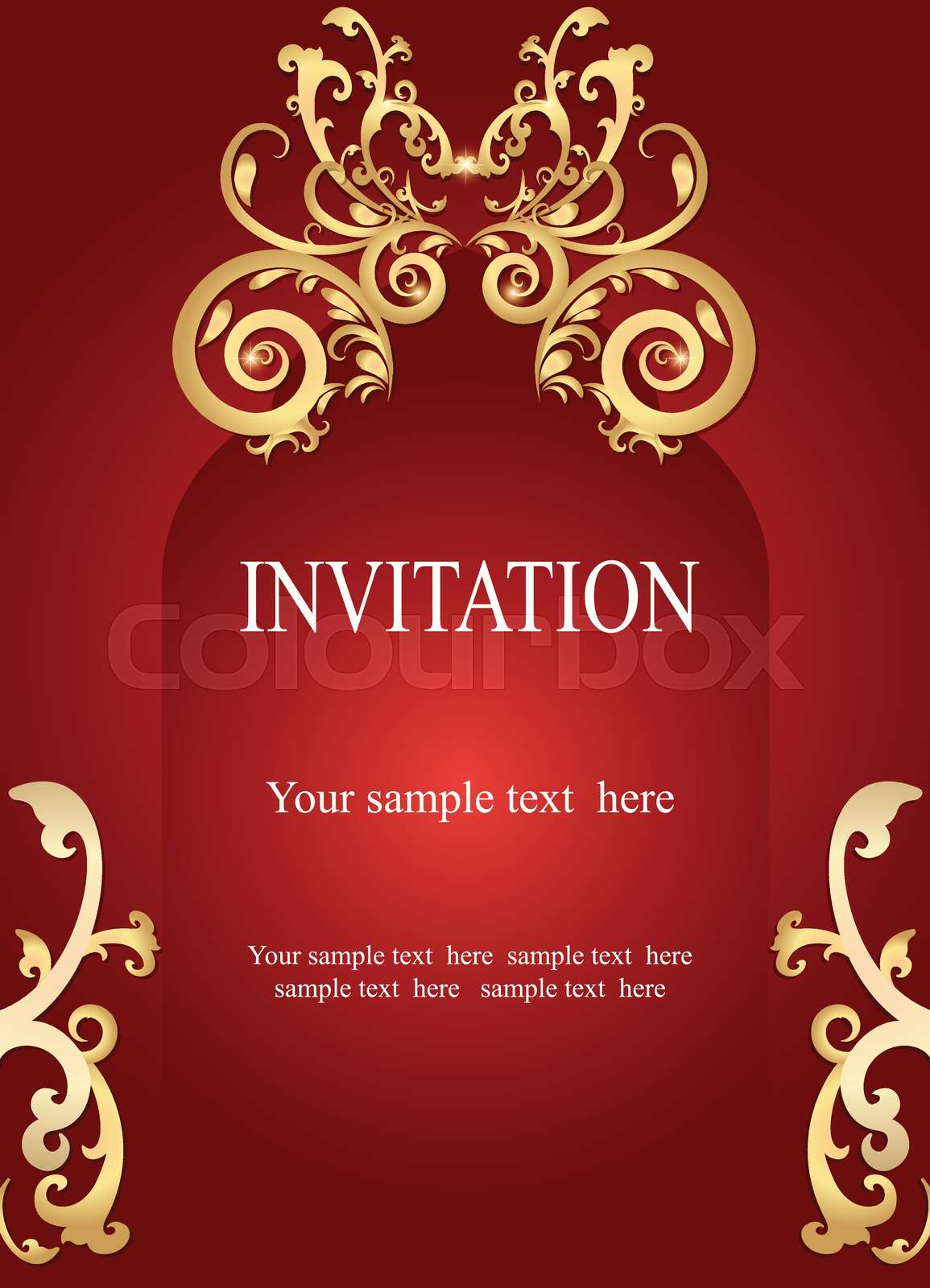 Invitation card, wedding card with golden ornamental on red background ...