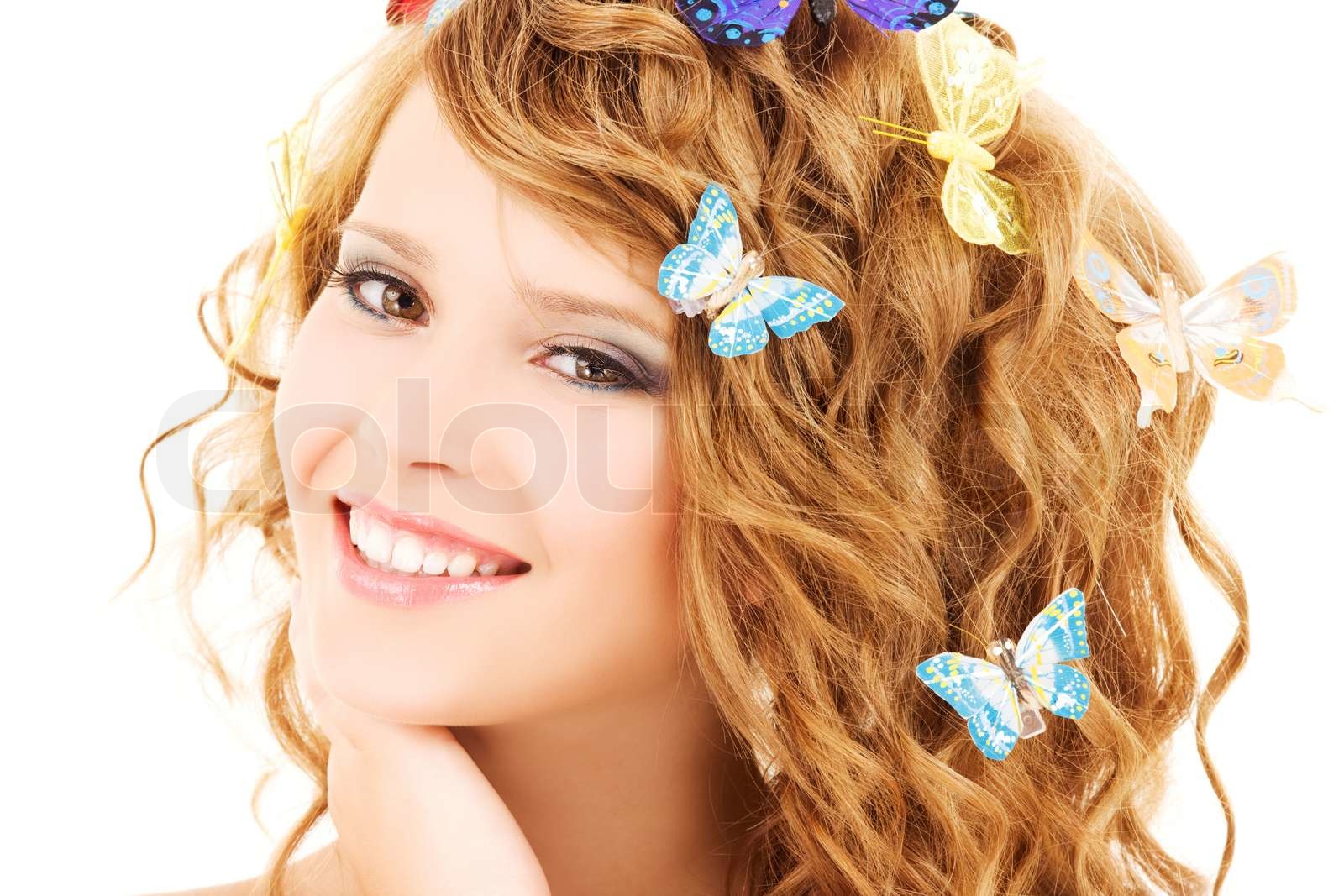picture of teenage girl with butterflies over white | Stock image ...