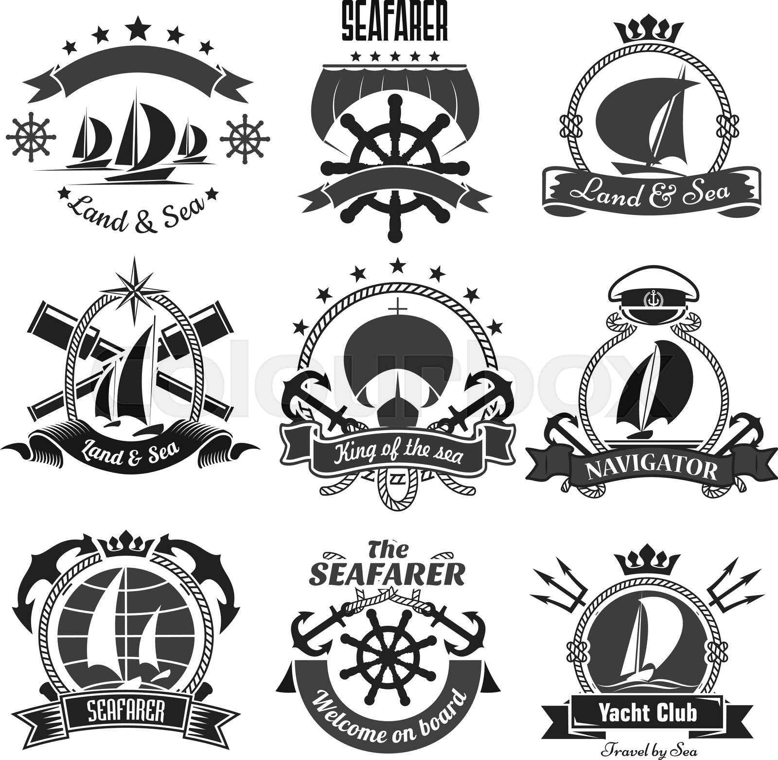 Nautical heraldic symbols, marine vector icons set | Stock vector ...