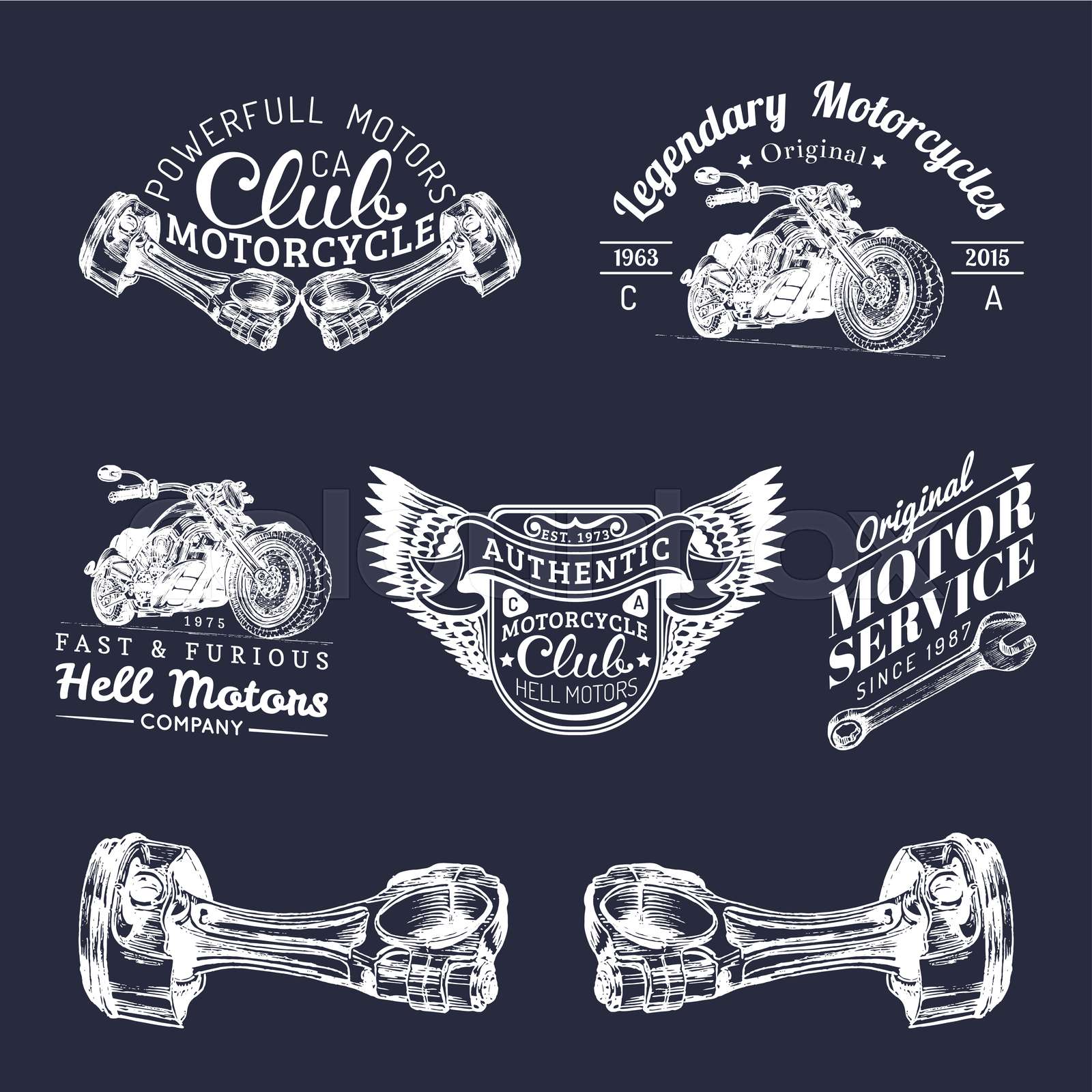 Vector biker club signs. Motorcycle repair logos set. Retro hand ...