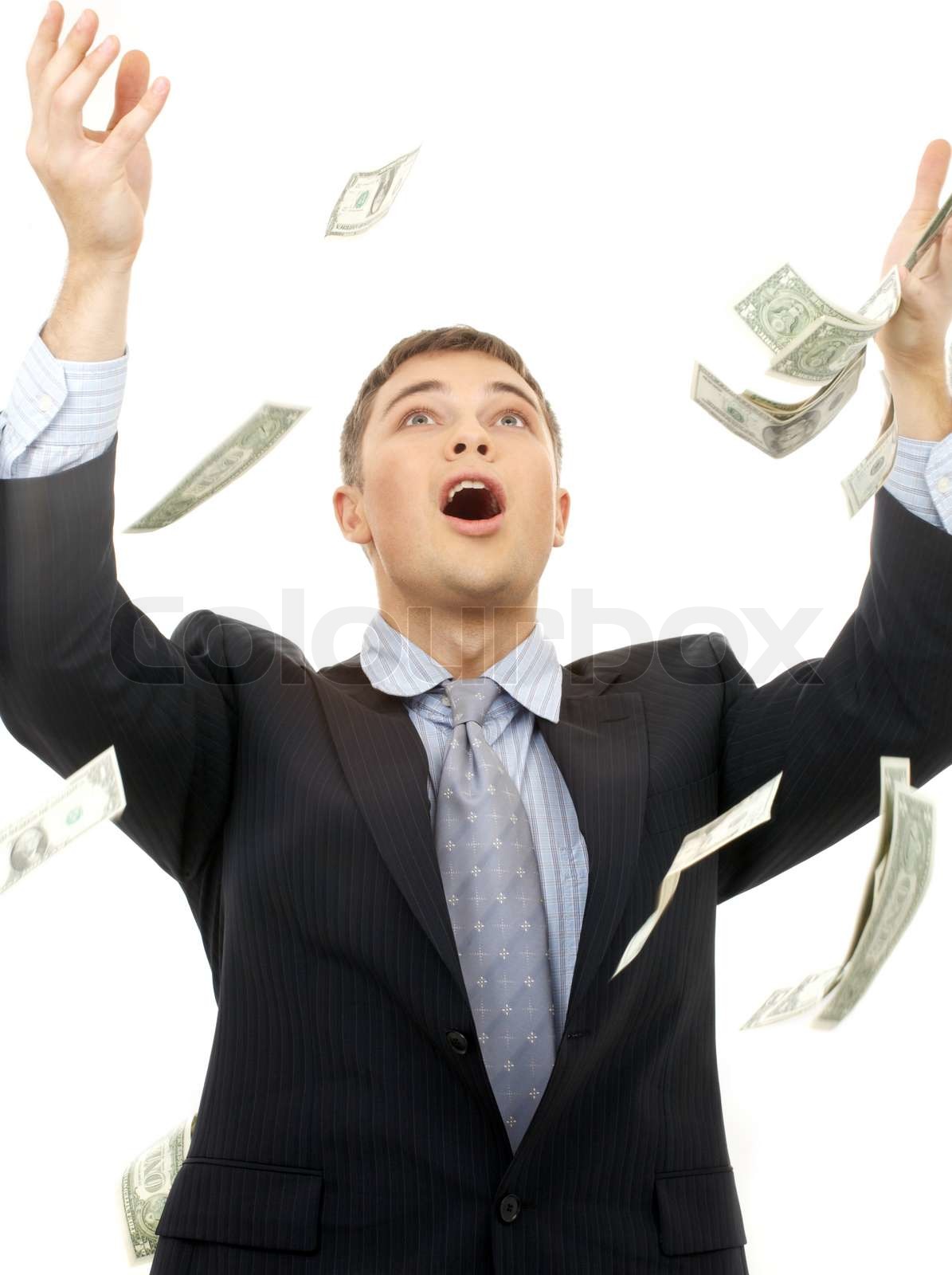 lykkelig vellykket forretningsmand i penge regn over hvide | Stock foto ...