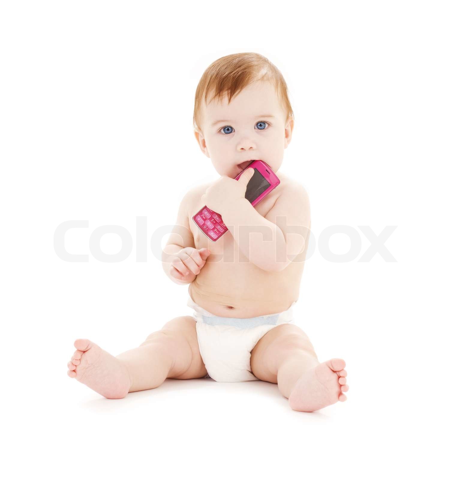 picture of baby boy in diaper with pink cell phone | Stock image ...