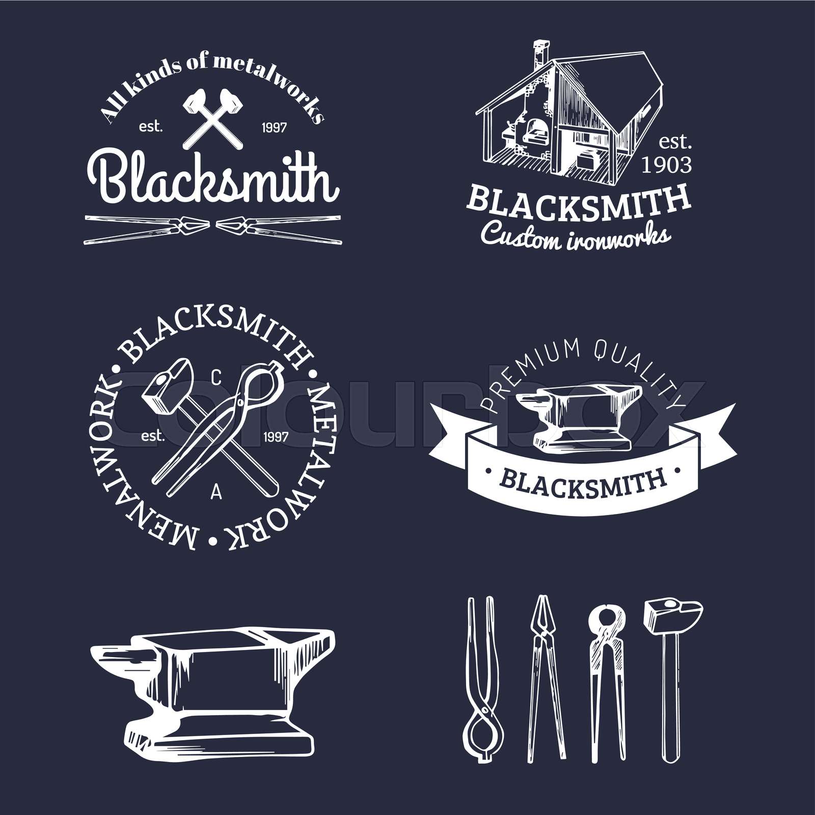 Vector set of hand sketched blacksmith logos. Vector farrier icons ...
