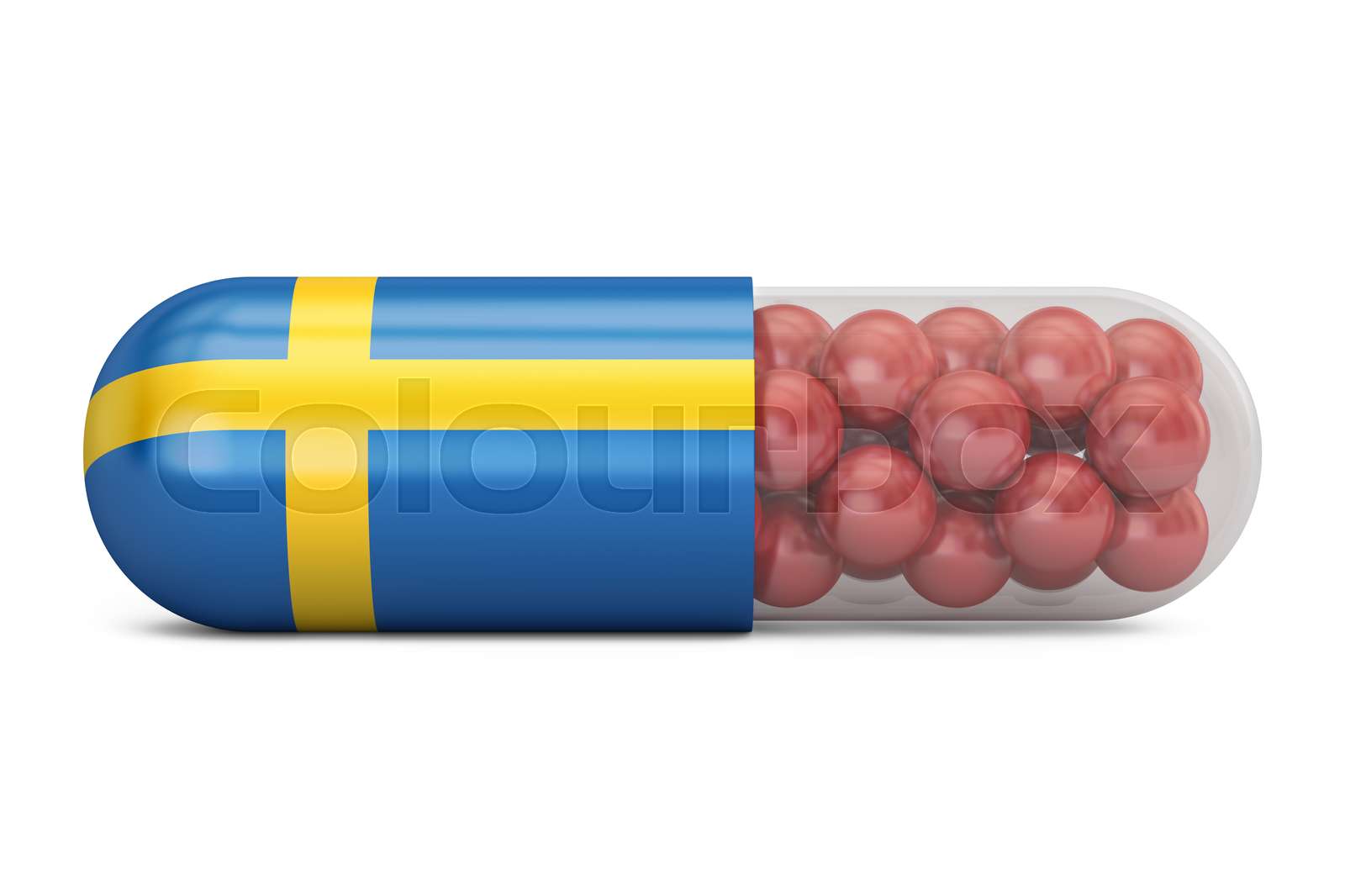 Pill capsule with Sweden flag. Swedish health care concept, 3D ...