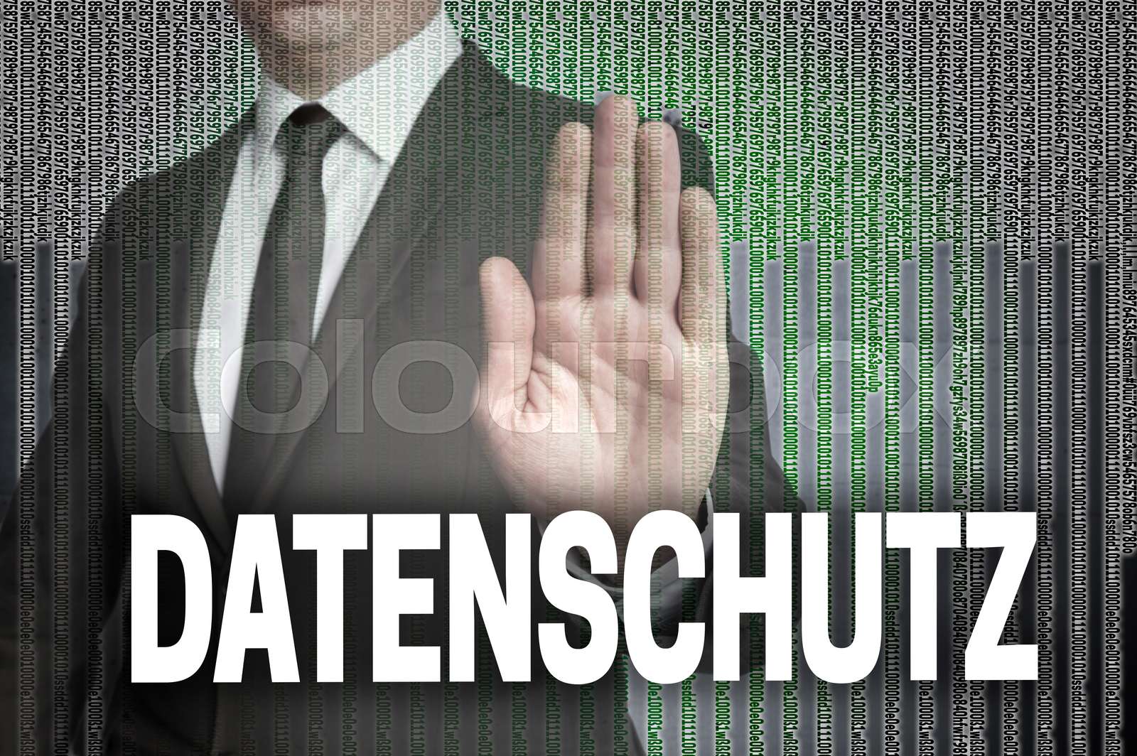 Hand stop Datenschutz (in german data protection) with matrix is shown ...