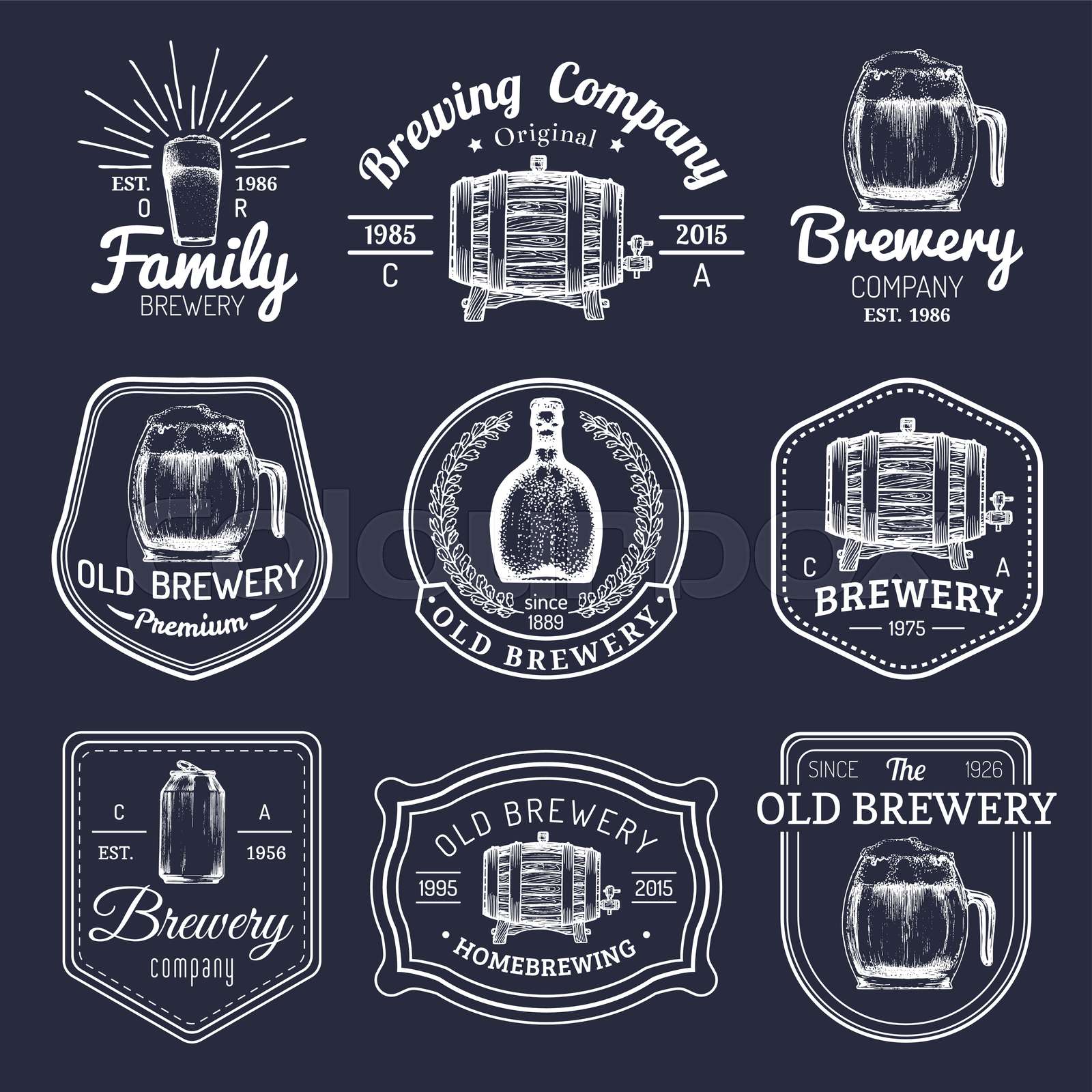 Old brewery logos set. Kraft beer retro signs or icons with hand ...