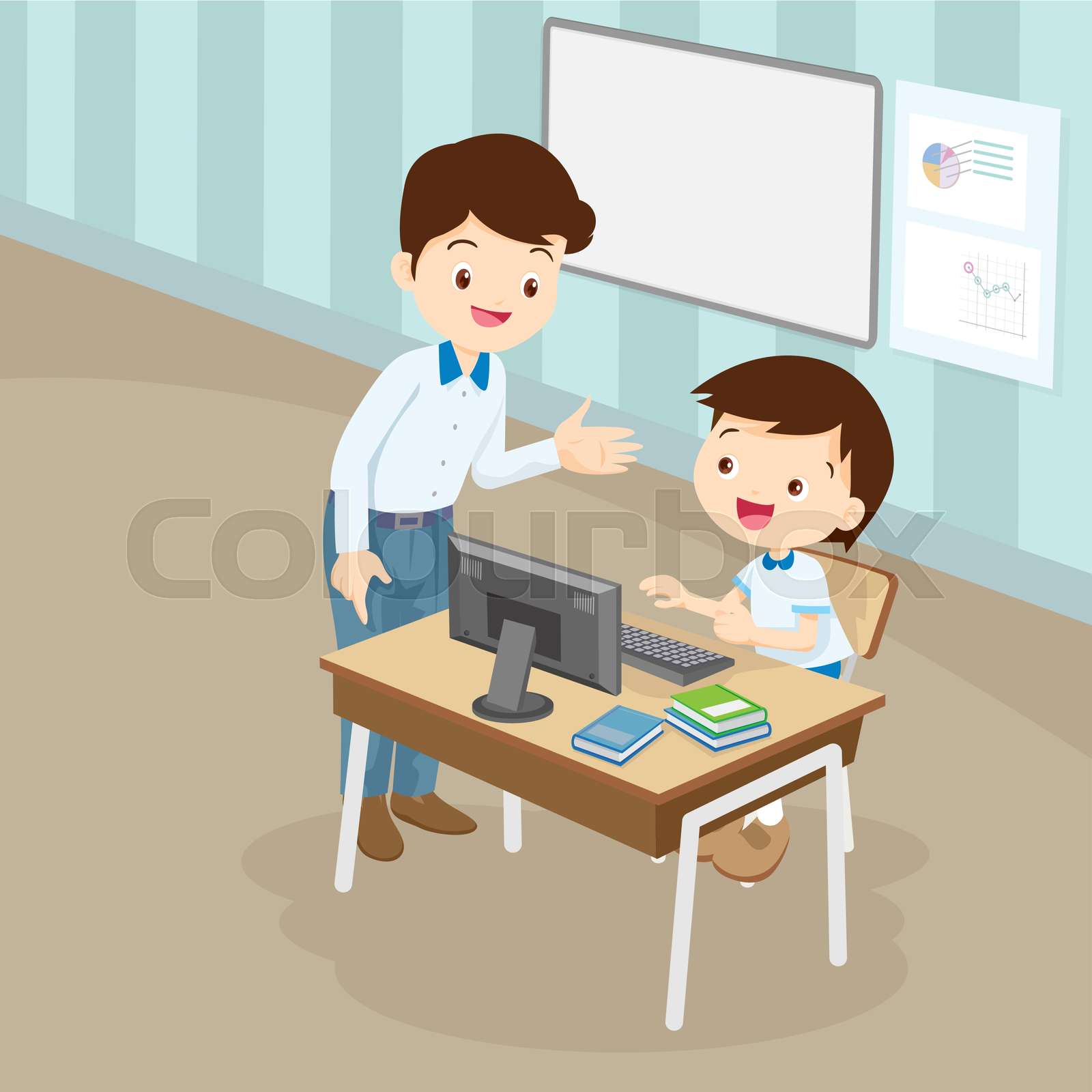 Teacher teaching computer to student boy | Stock vector | Colourbox