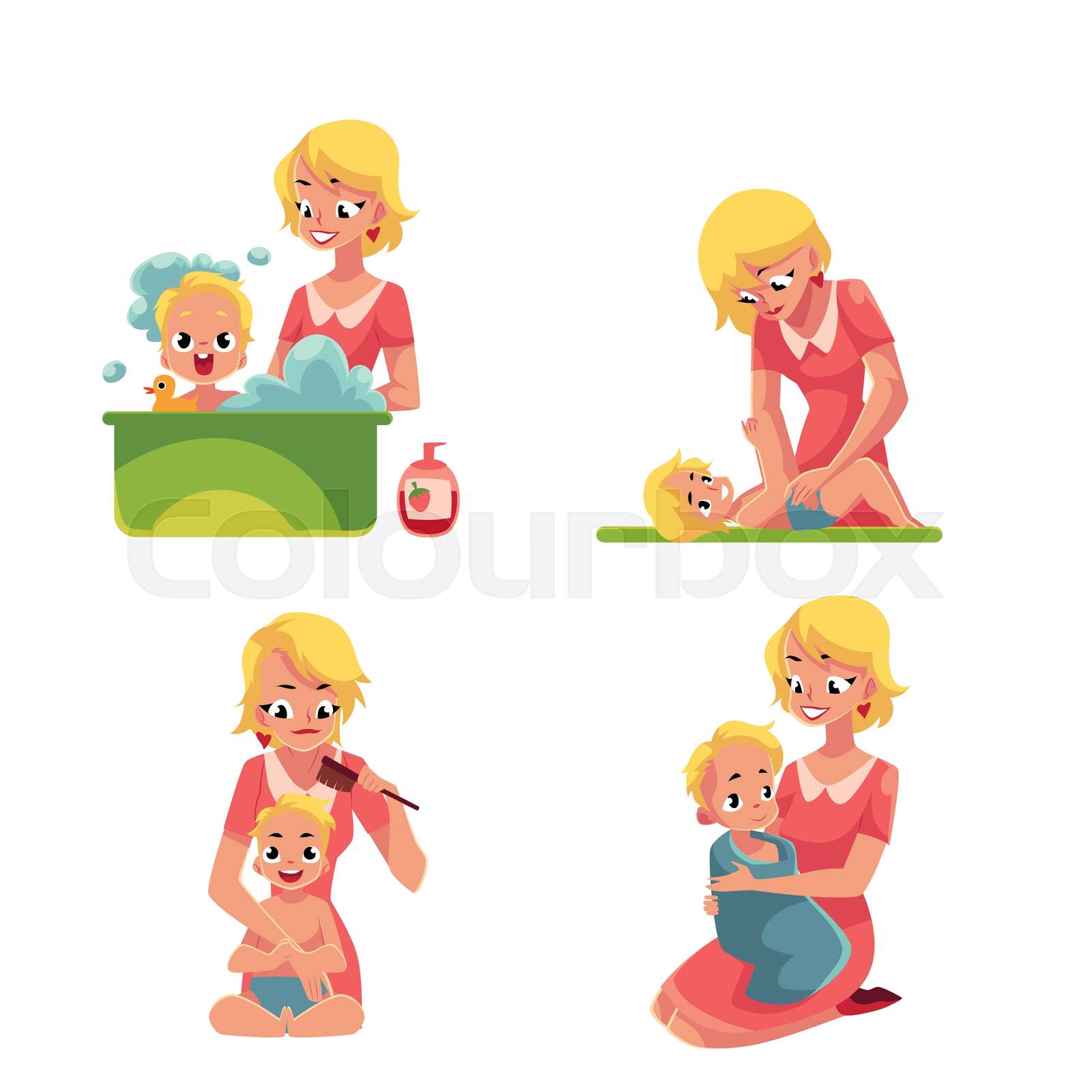 Mother washing baby in bath, putting diaper on, combing hair | Stock ...