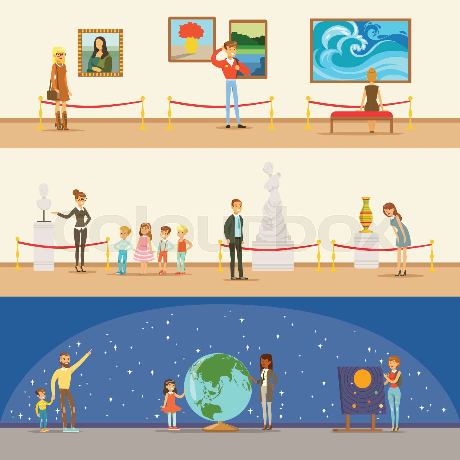 Museum Visitors Taking A Museum Tour With And Without A Guide Looking ...