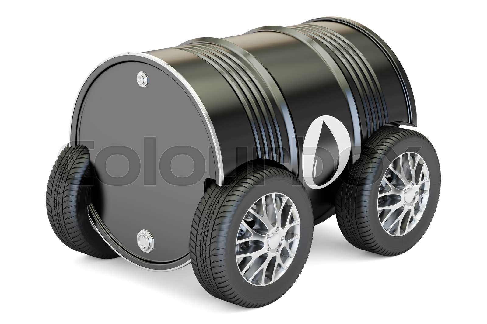 black oil barrel with car wheels, transportation and delivery concept ...
