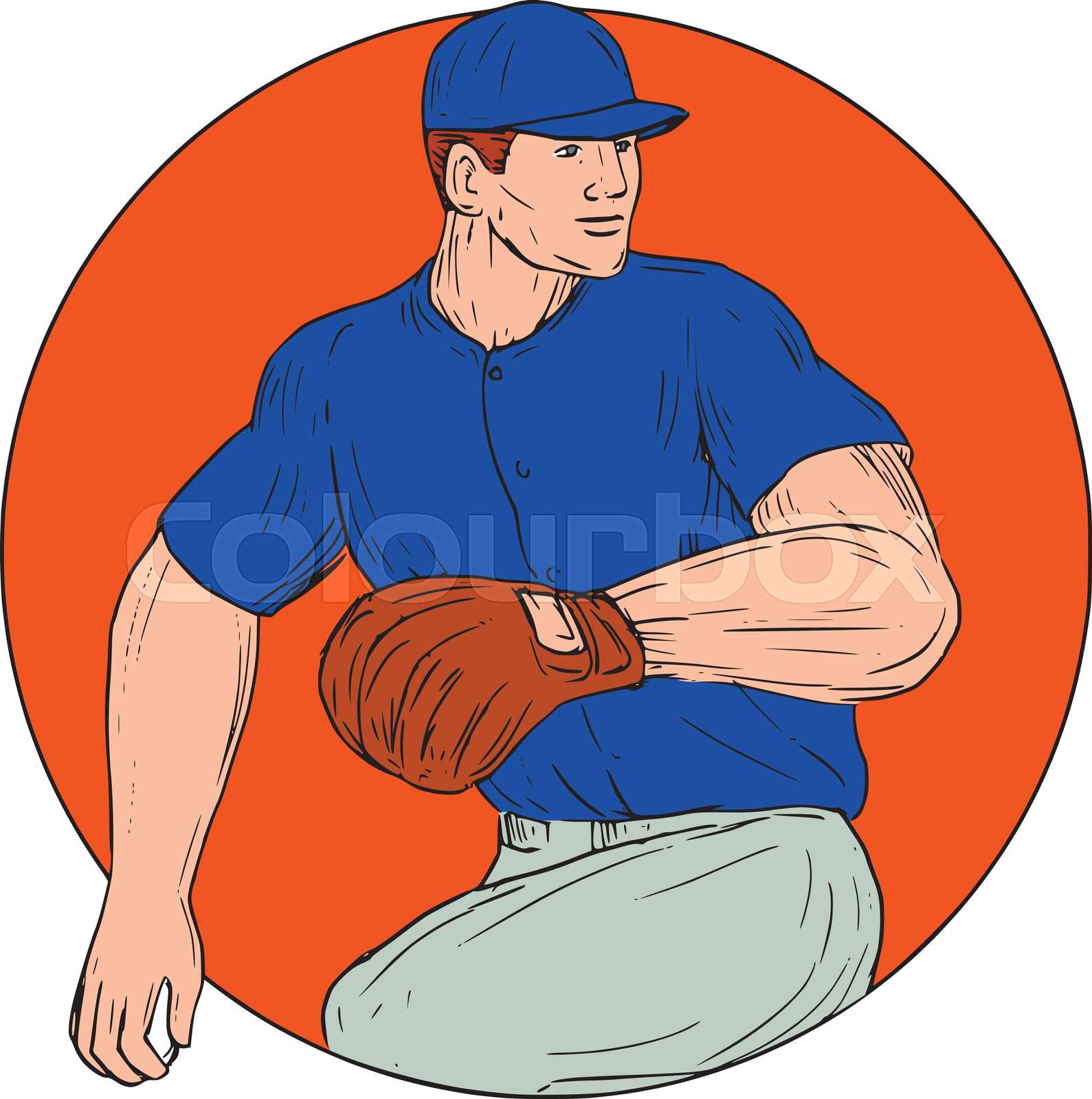 Baseball Pitcher Ready To Throw Ball Circle Drawing | Stock vector ...