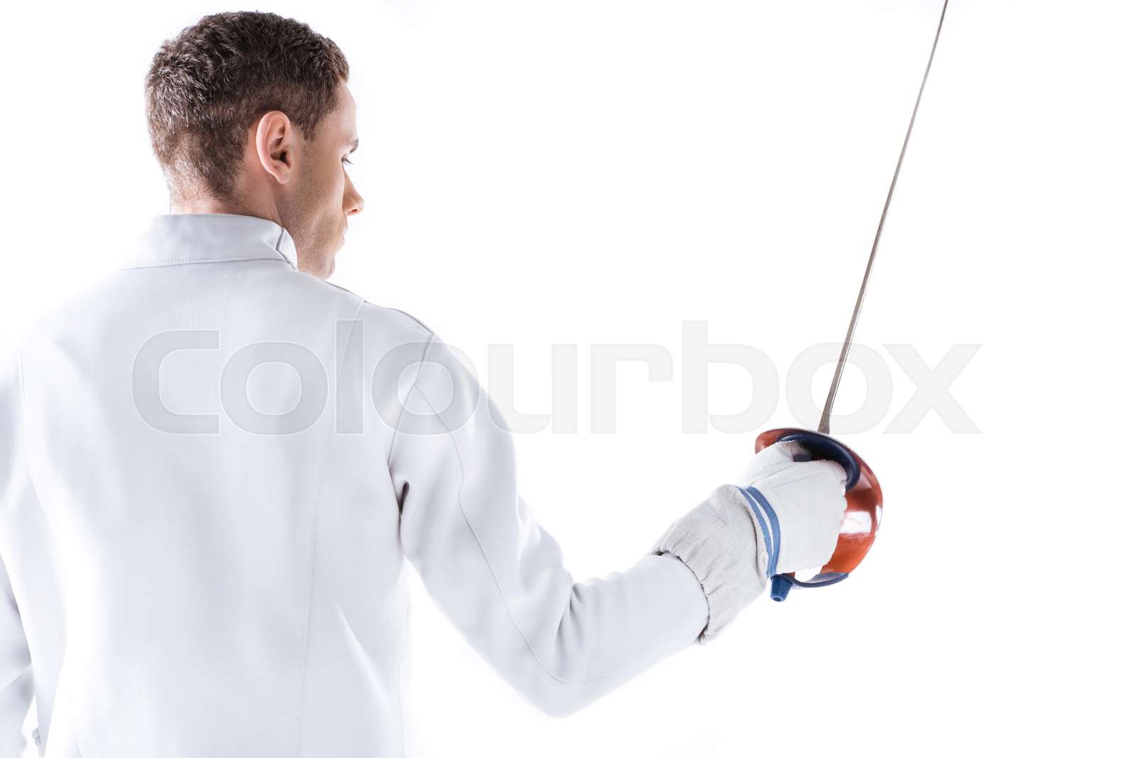 back view of fencer in uniform holding rapier in hand on white | Stock ...