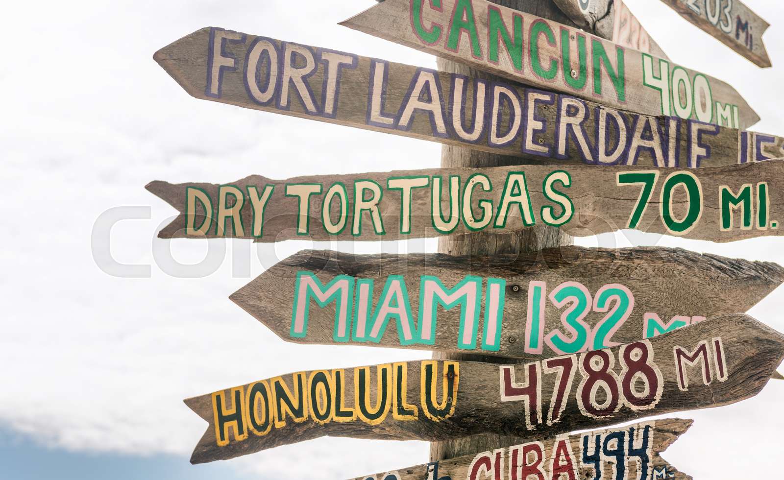 Key West beach distance signs to worldwide landmarks in Fort Zachary ...