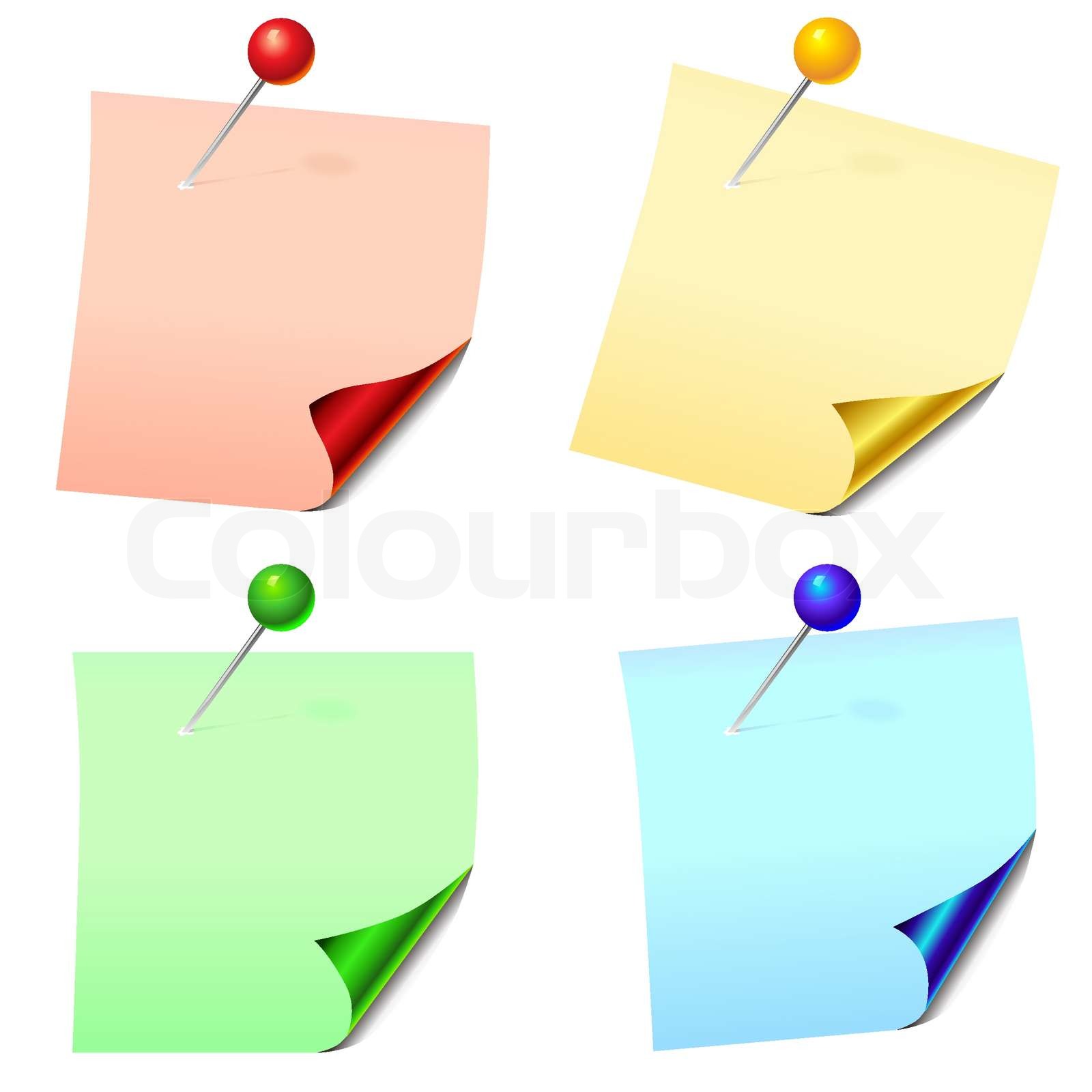 colored paper sheets for notes with a glossy curved corners pinned ...