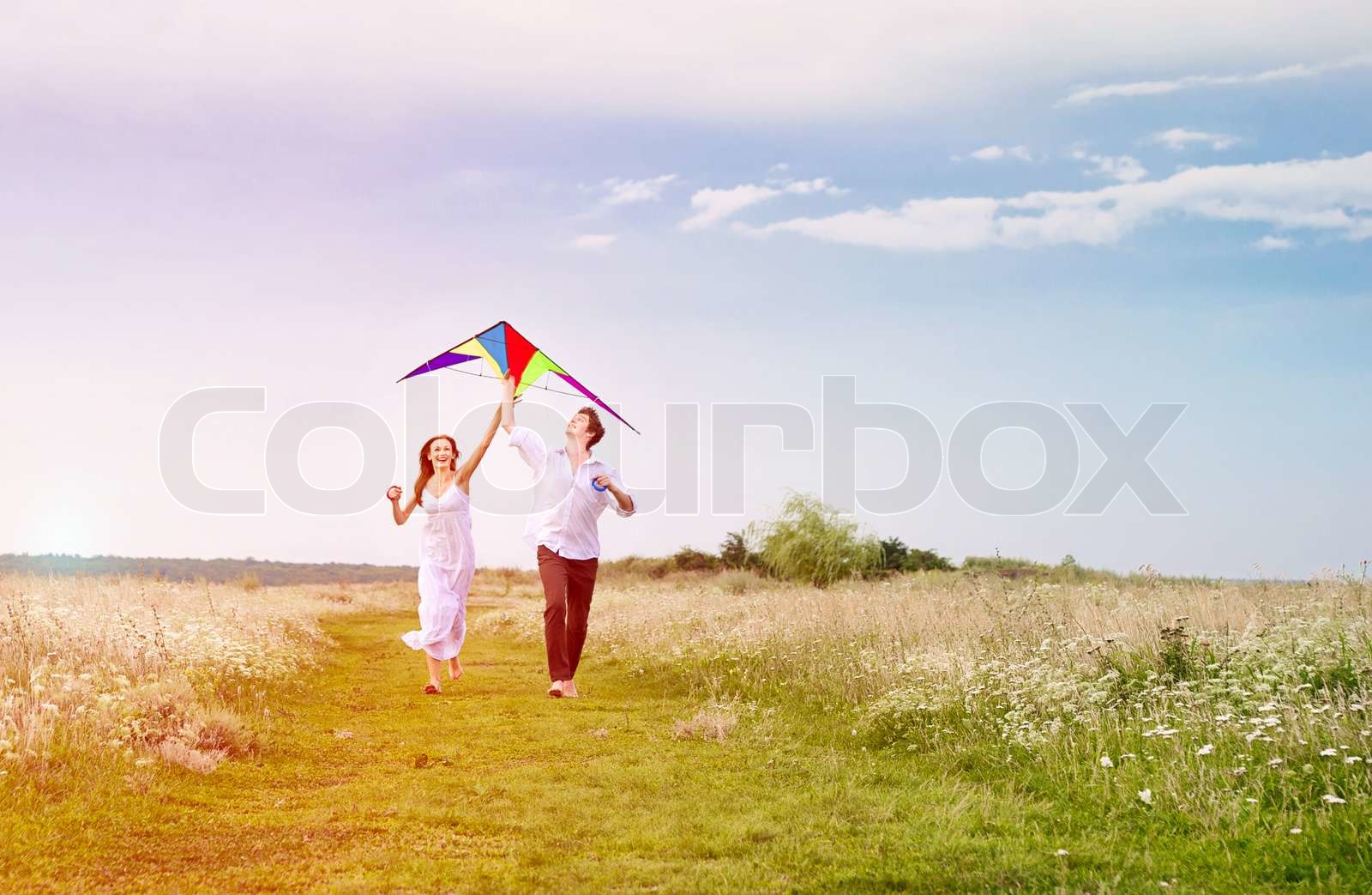 Happy young couple in love flying a kite | Stock image | Colourbox