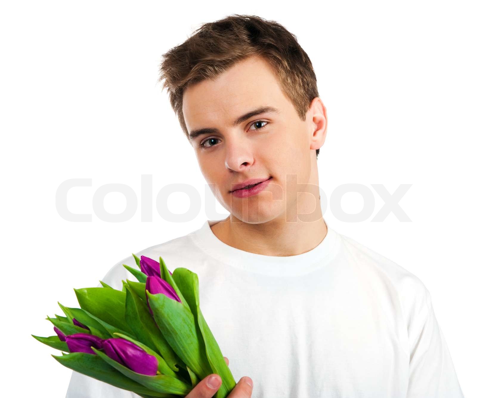 Cute young men give the flowers over white backgroung | Stock image ...