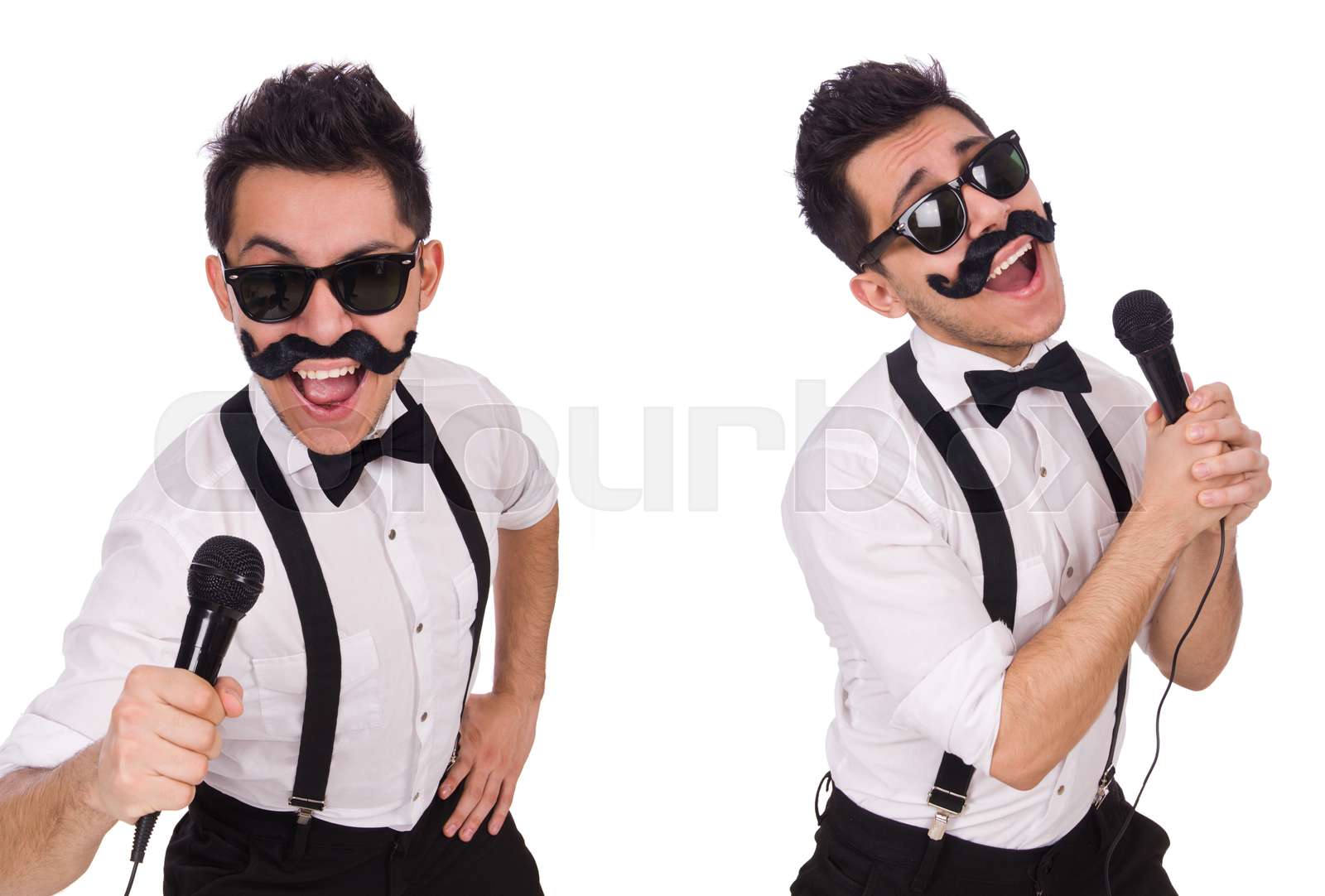 Funny man with mic isolated on white | Stock image | Colourbox