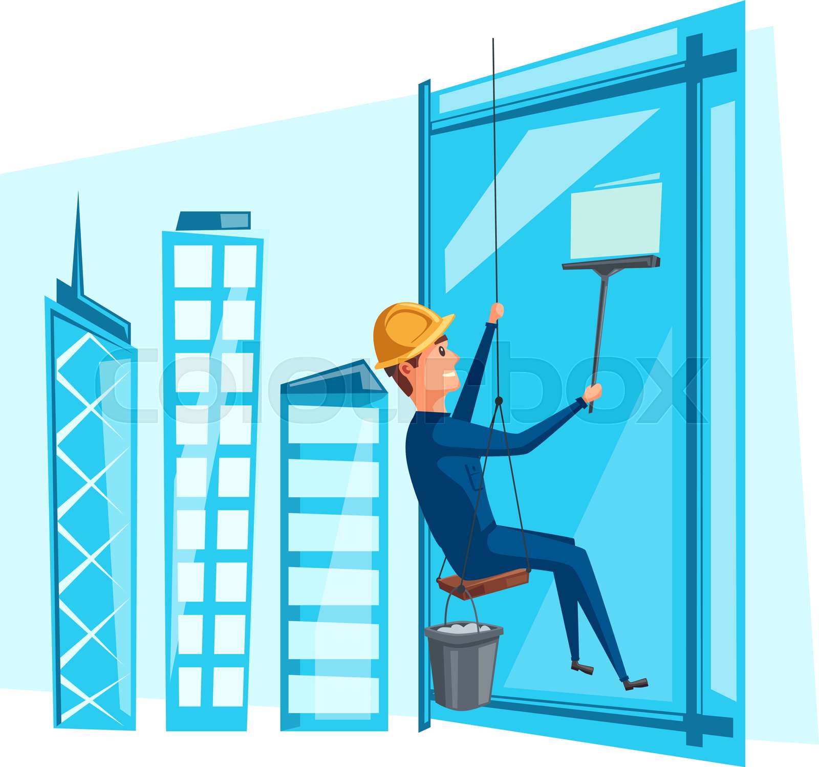Vector man cleaning washing windows on building | Stock vector | Colourbox