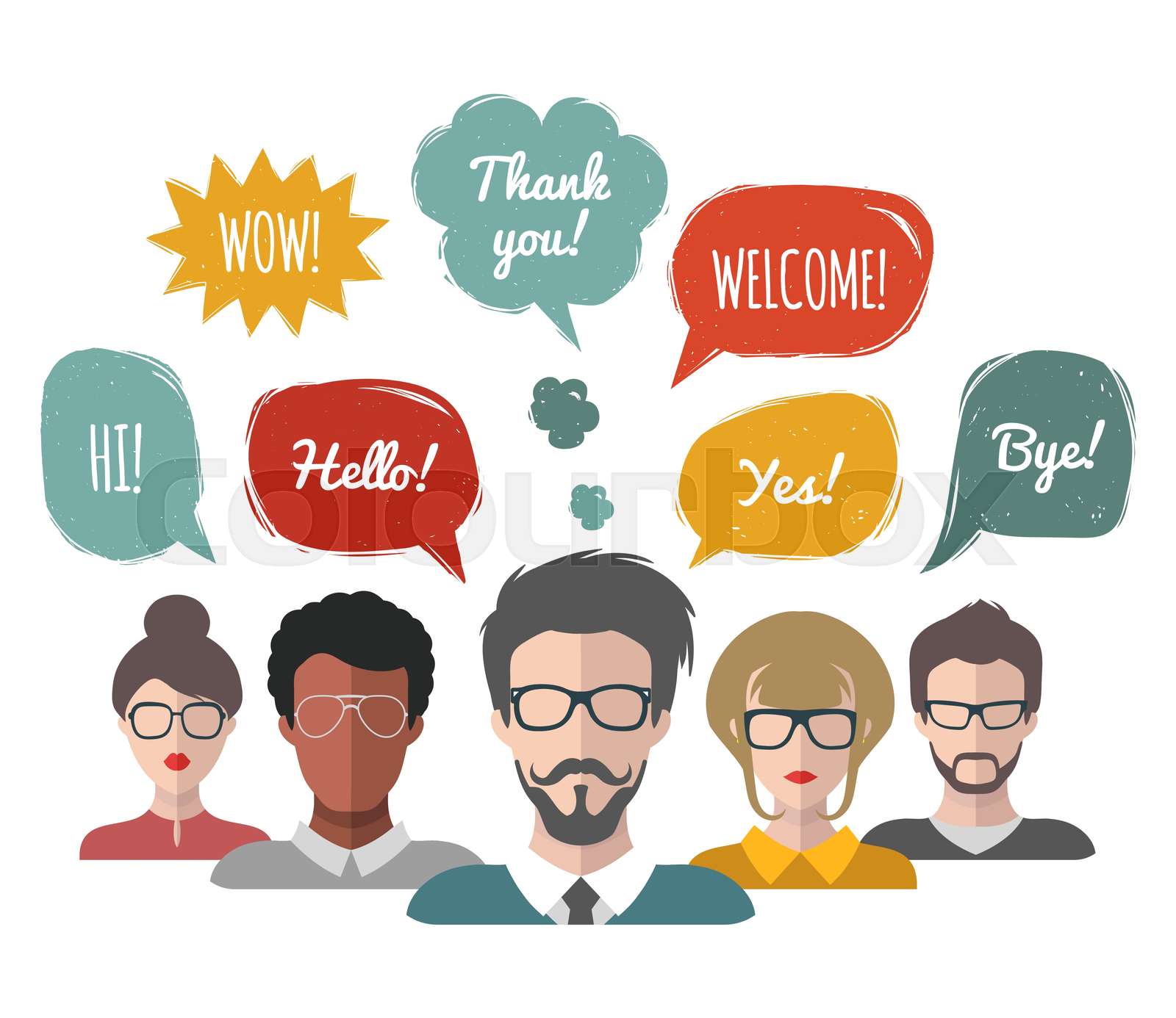 Vector illustration of speech bubbles with group of people in flat ...