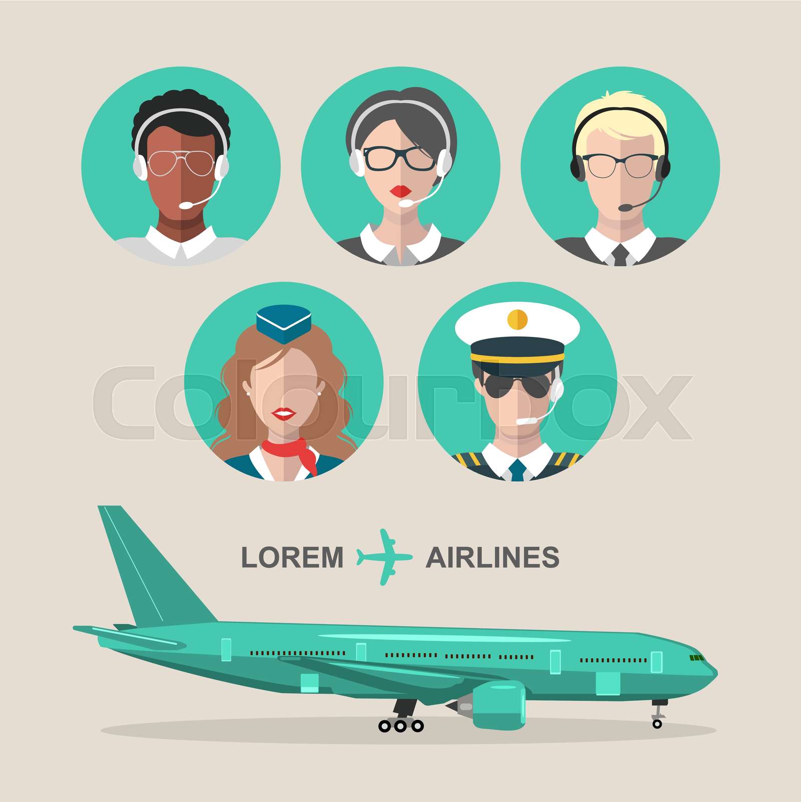 Vector set of airplane and cabin crew and airport team icons in flat ...