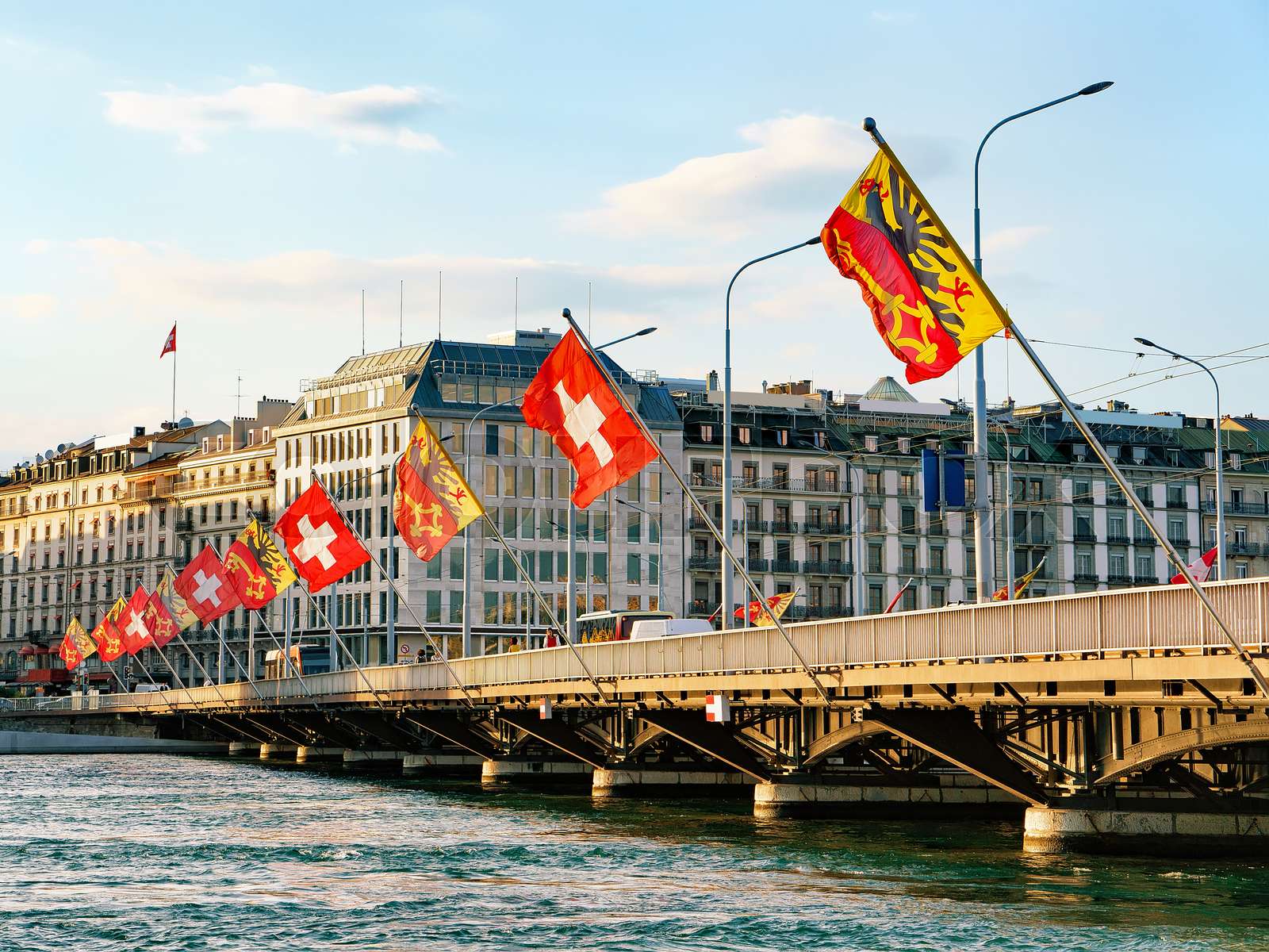Geneva Lake and Mont Blanc bridge flags Geneva city | Stock image ...