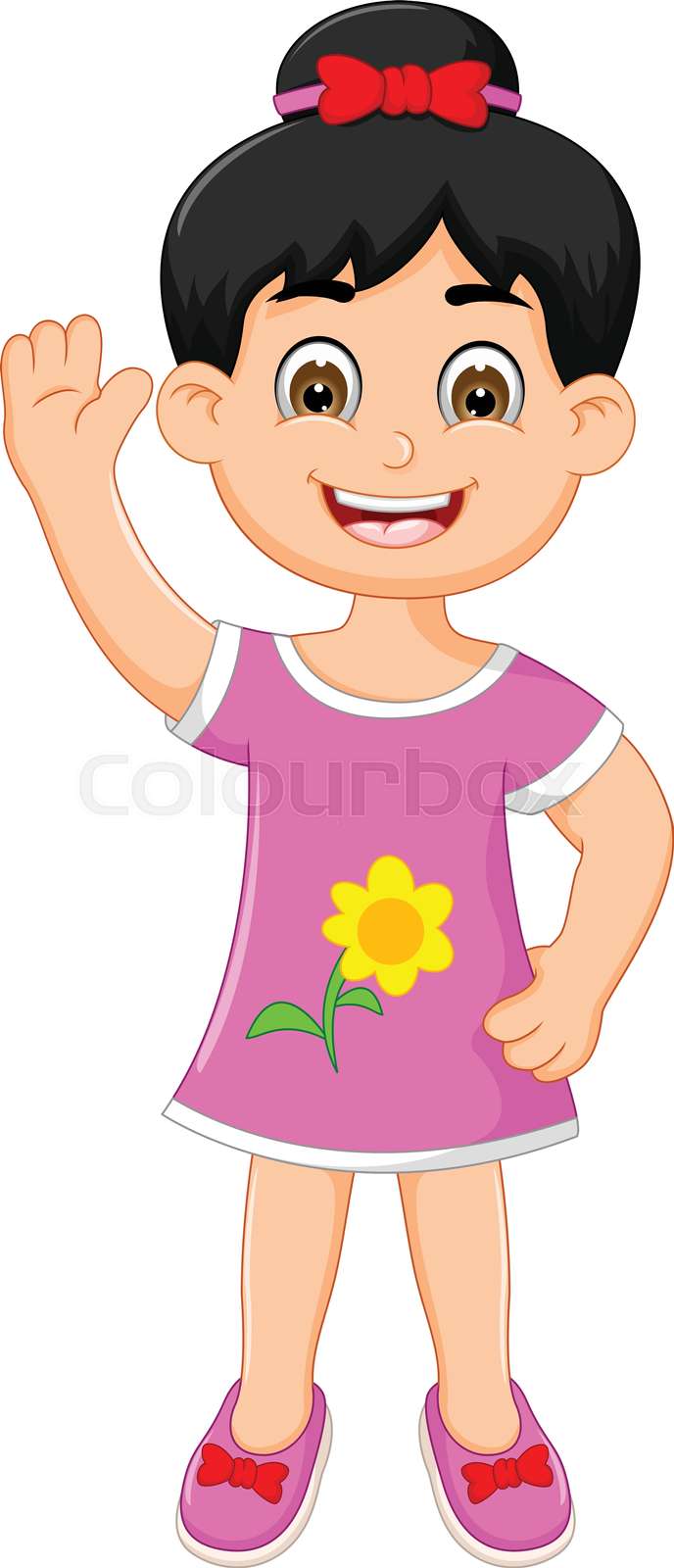 beauty little girl cartoon standing with smile and hand up | Stock ...