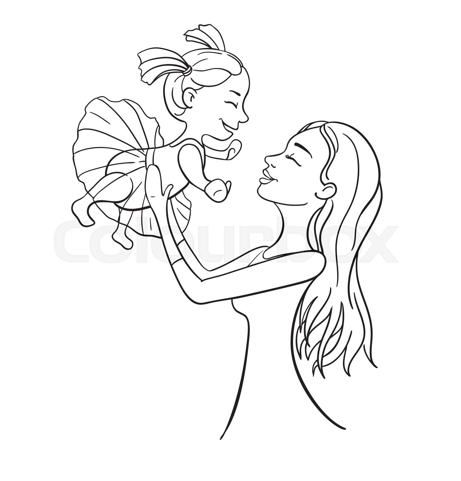Mother and daughter outline vector illustration. Happy female fa ...