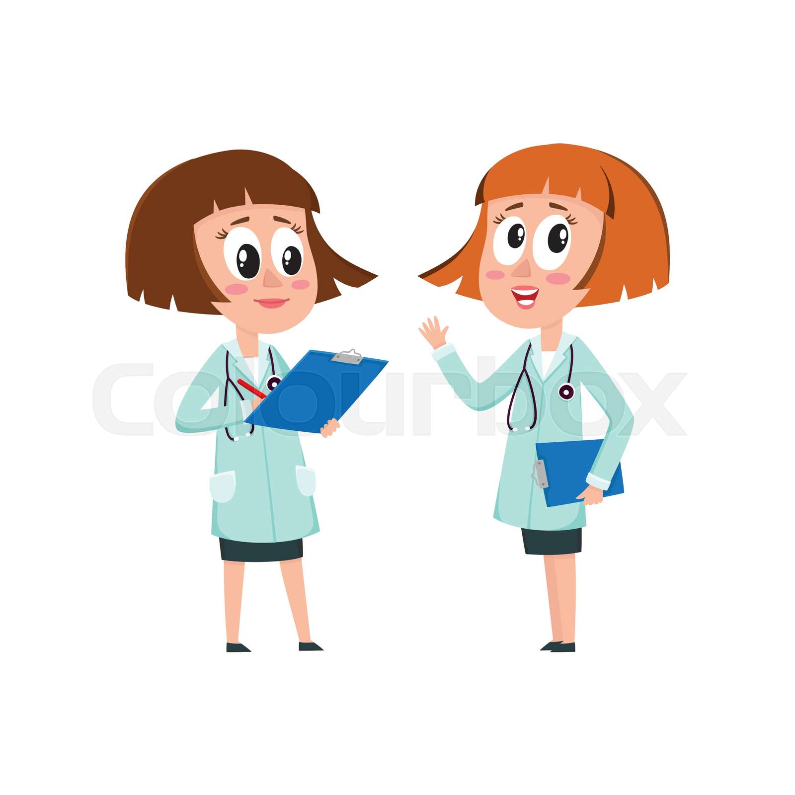 Two comic woman doctor characters filling in medical cards | Stock ...