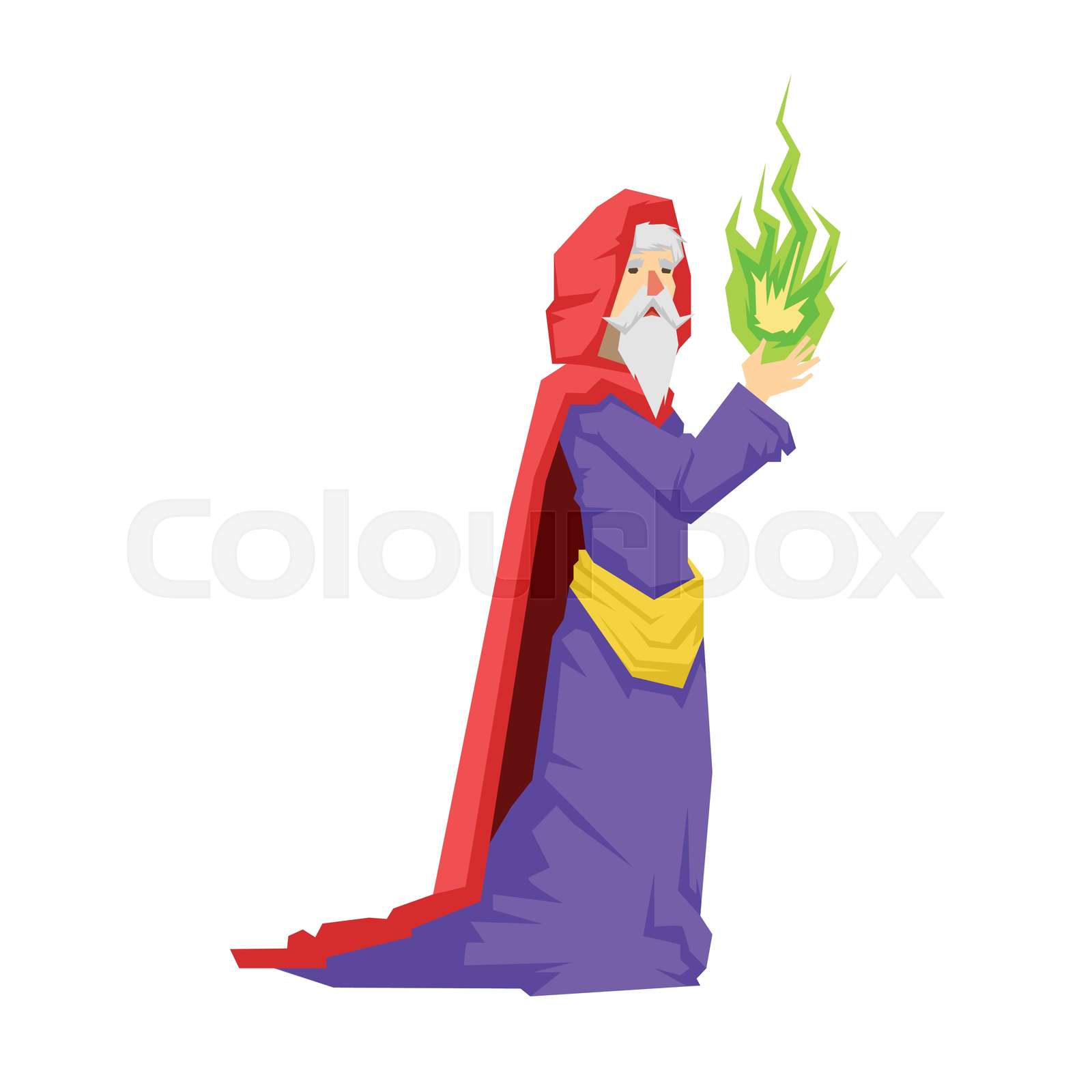 Old wizard in a red cape holding green magic ball. Colorful fairy tale ...