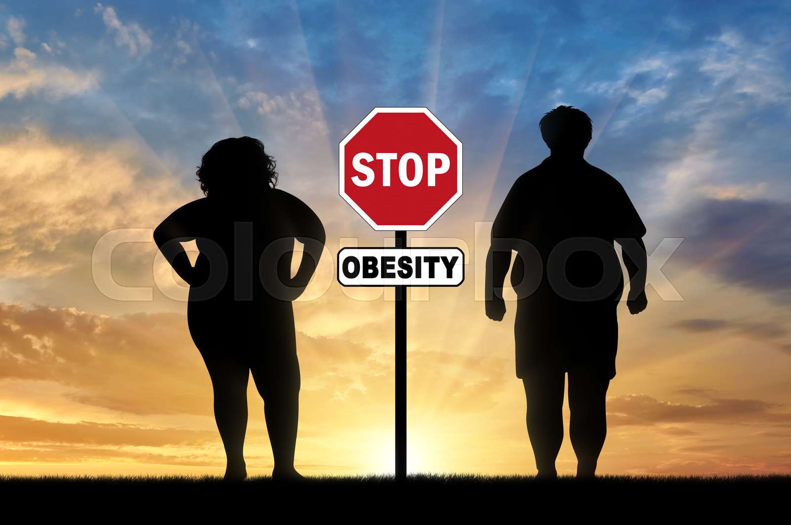 Thick pair and stop sign obesity | Stock image | Colourbox