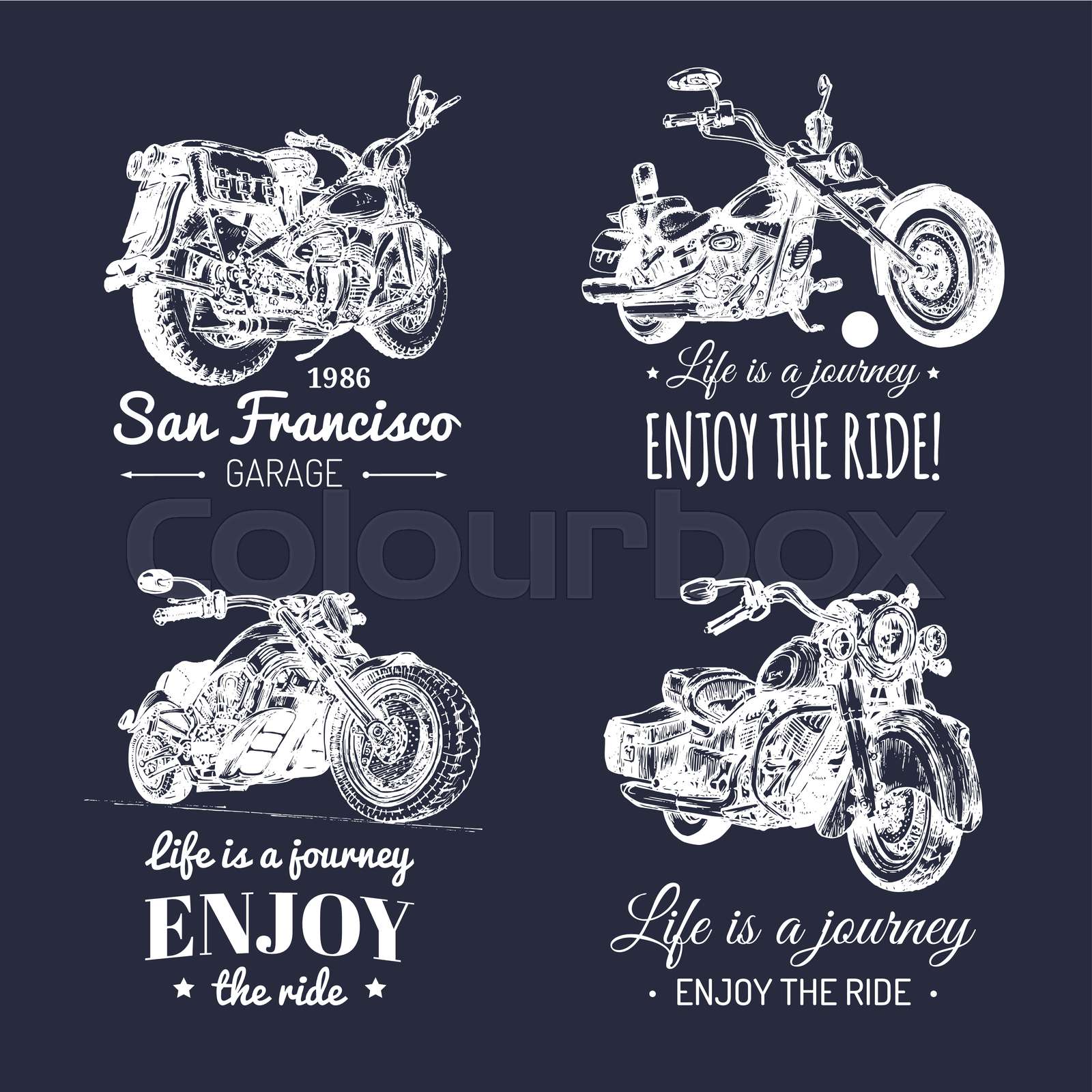 Vector motorcycles advertising posters set. Hand sketched illustrations ...