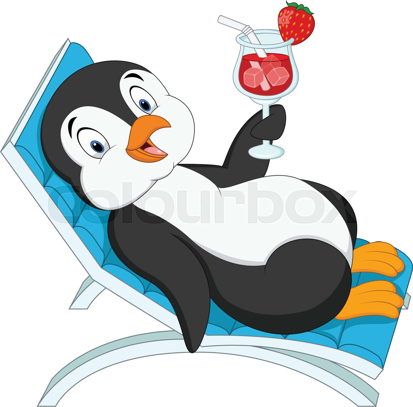Cartoon penguin sitting on beach chair and holding cocktail | Stock ...