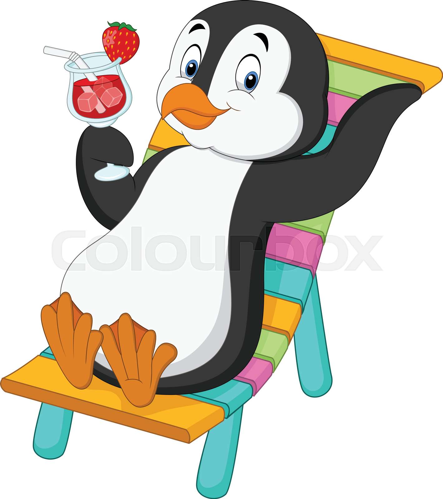 Cartoon penguin sitting on beach chair and holding cocktail | Stock ...