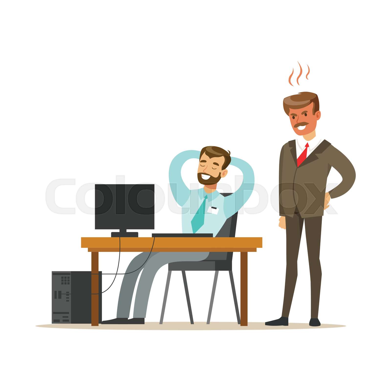 Angry boss yelling at employee. Colorful cartoon character vector ...