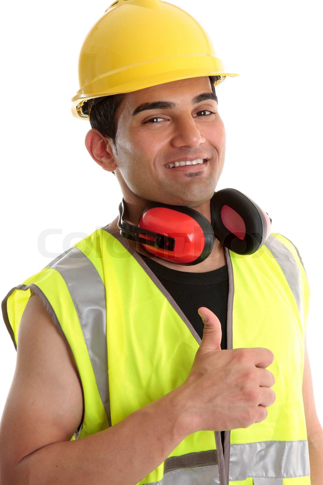 Smiling builder, construction worker or other trades man showing a ...