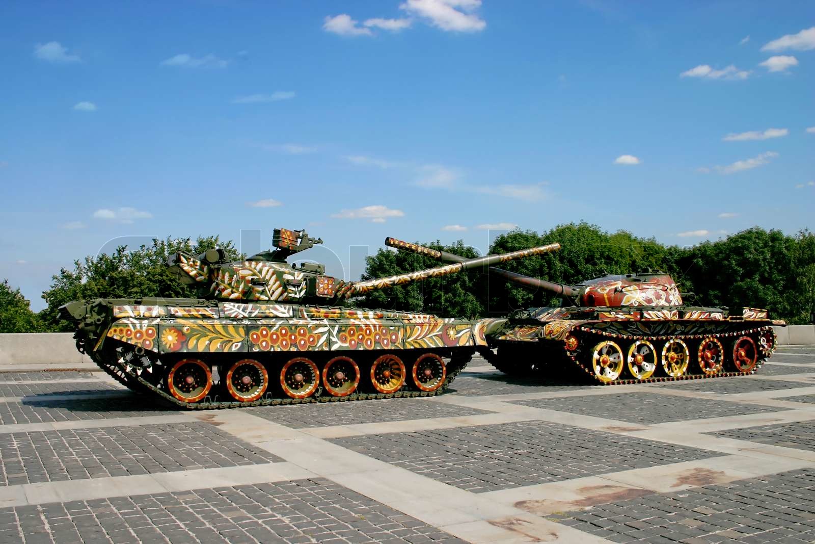 two decorated tanks with crossed barrels, Kiev, Ukraine | Stock image ...