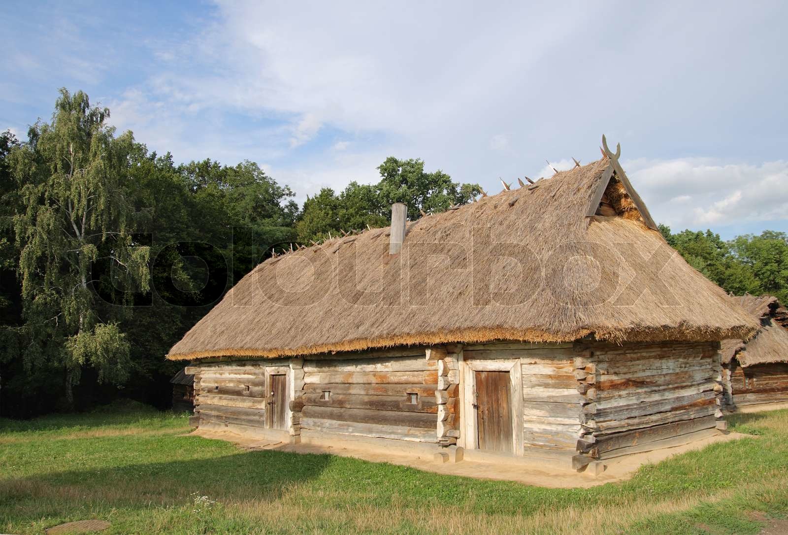 old wood log shed with thatch roof on historical country homestead ...