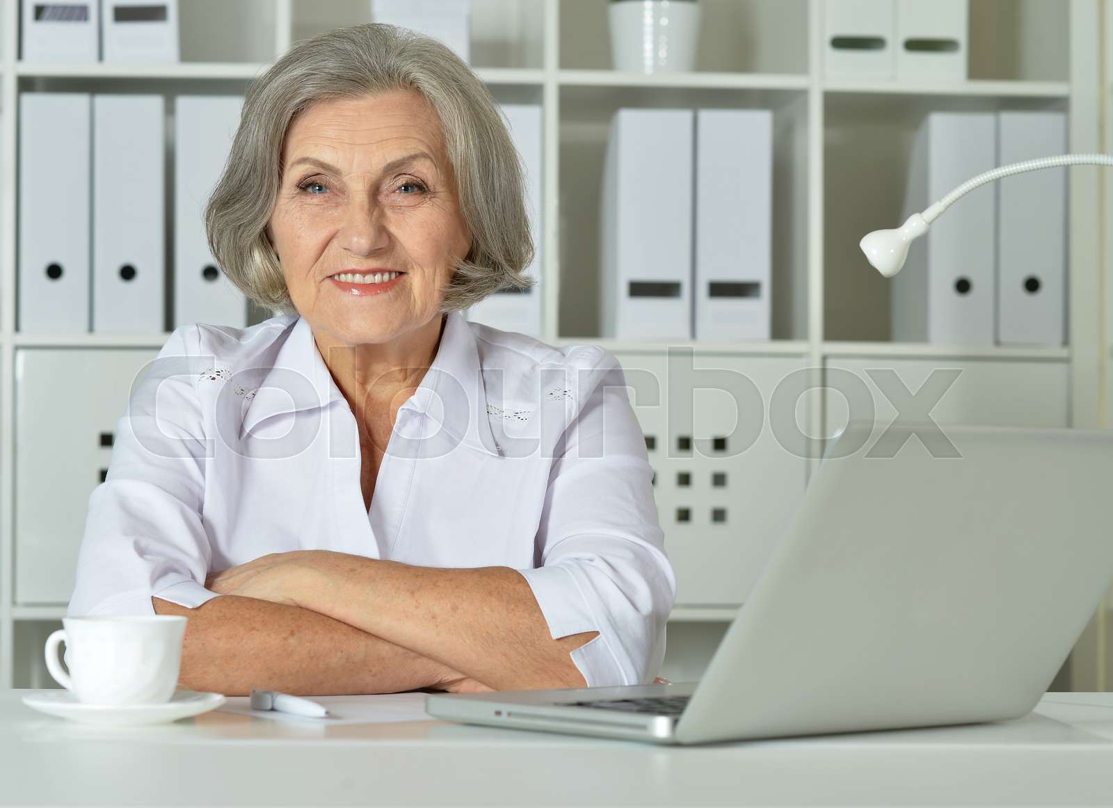 Old business woman with laptop working | Stock image | Colourbox