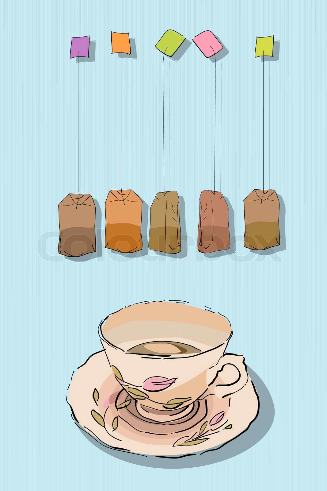 Conceptual graphic sketch with tea cup and bag Afternoon tea | Stock ...