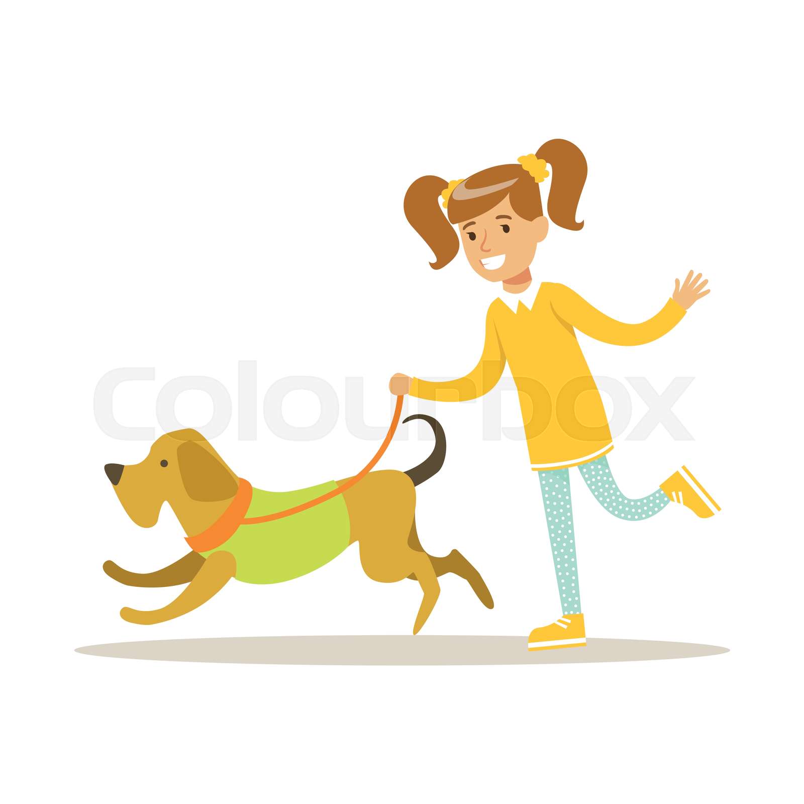 Cute smiling girl walking with her dog. Colorful cartoon character ...