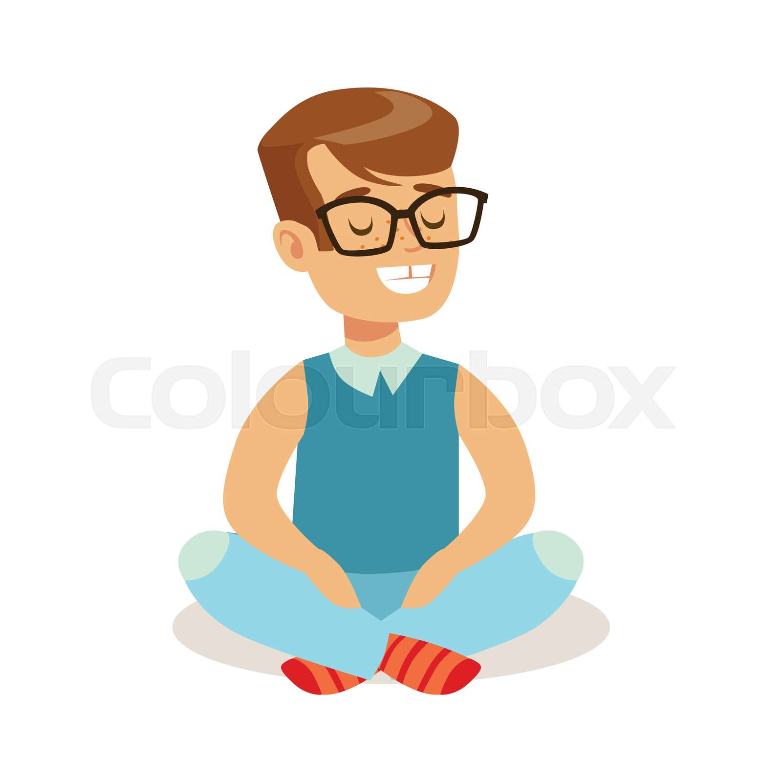 Happy little boy sitting with crossed legs on the floor. Colorful ...
